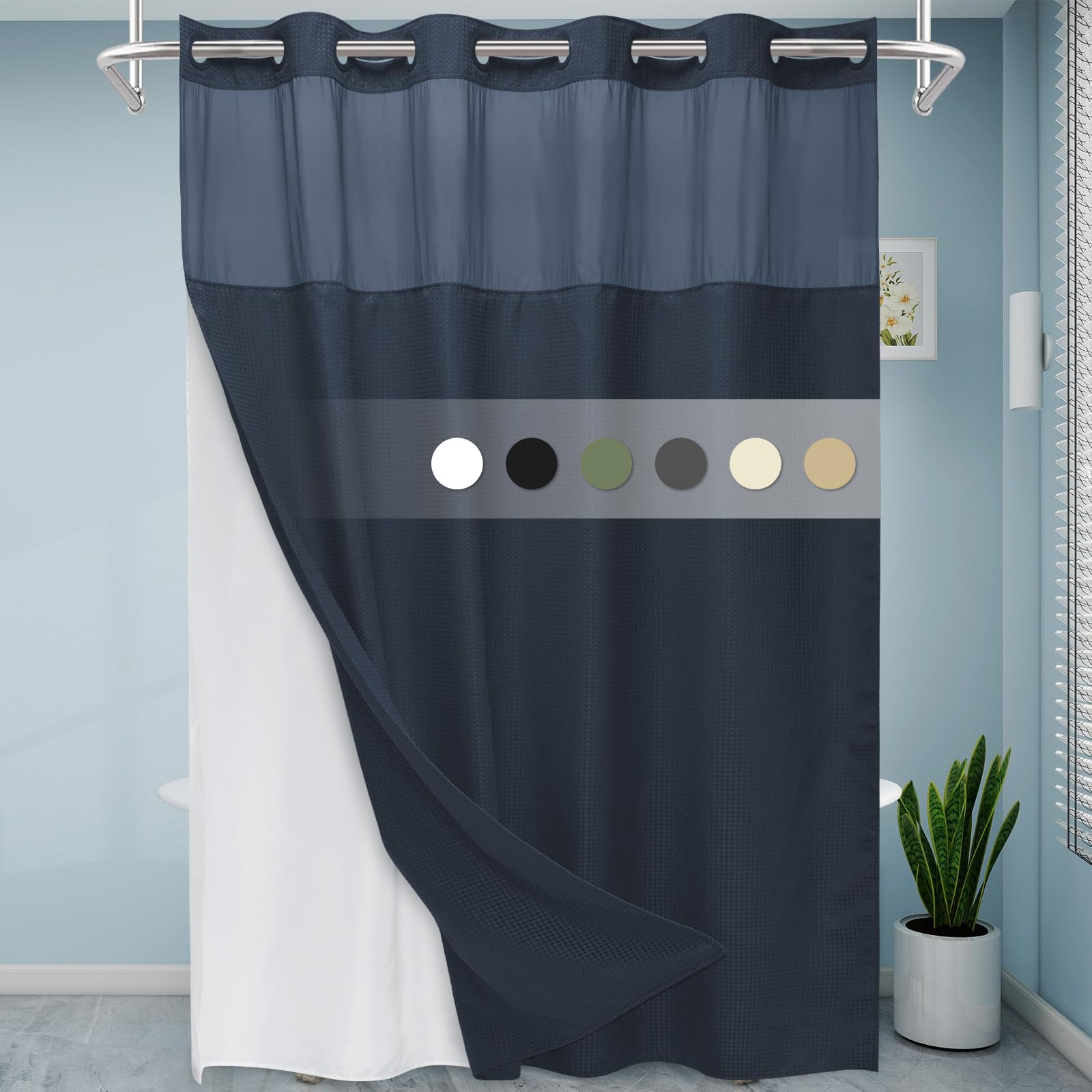 Amazon.com: EUTXL Navy Blue Long No Hook Shower Curtain with Snap in ...