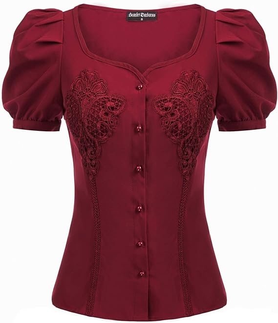 SCARLET DARKNESS Button-up Tops Women Puffed Short Sleeve Steampunk ...