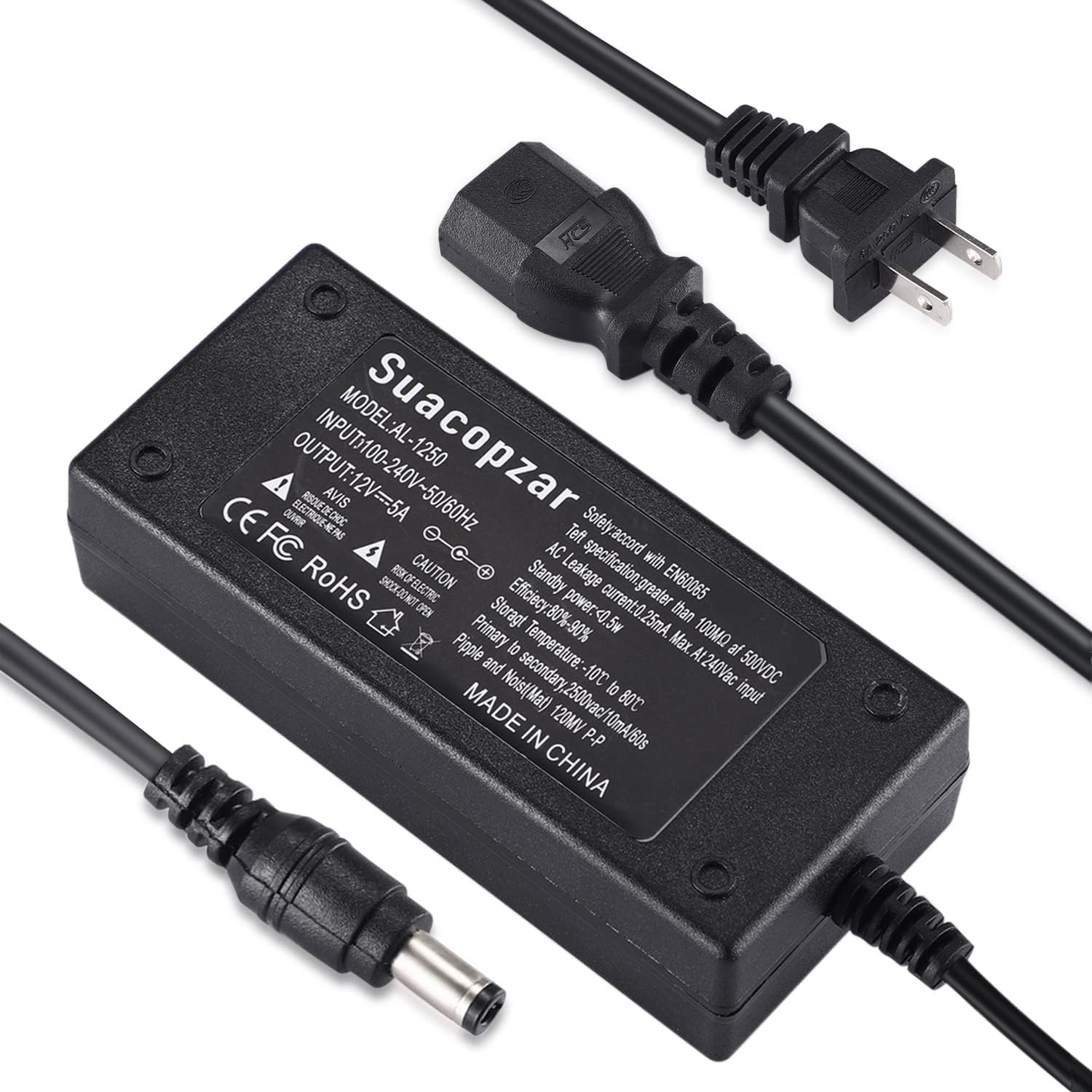 Amazon.com: Suacopzar DC 12V 5A Power Supply Adapter, 60 Watt AC 100 ...