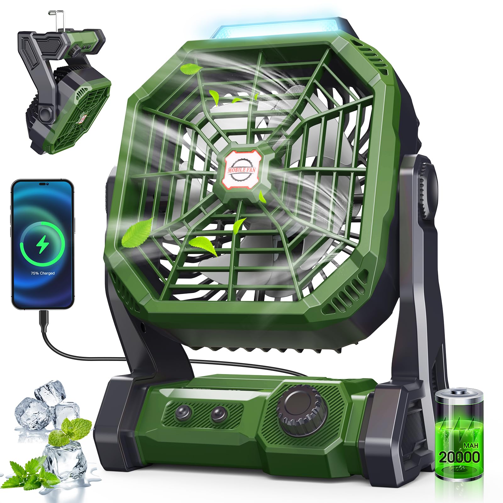 Camping Fan with LED Lantern, 20000mAh 9-inch Rechargeable Battery ...