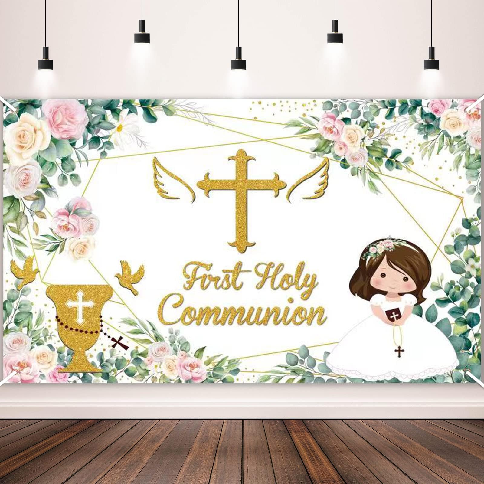 Amazon.com: First Holy Communion Backdrop Banner Pink Floral God Bless ...