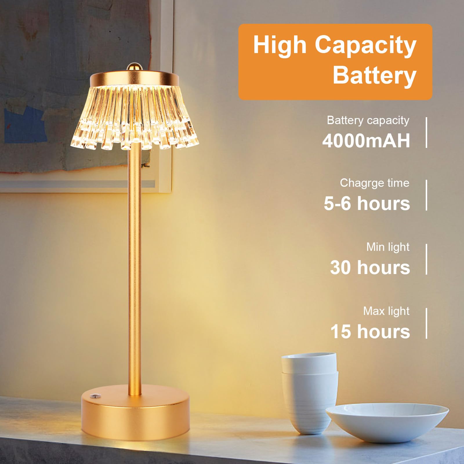 Snapklik.com : Cordless Gold Table Lamp, Rechargeable Battery Powered ...