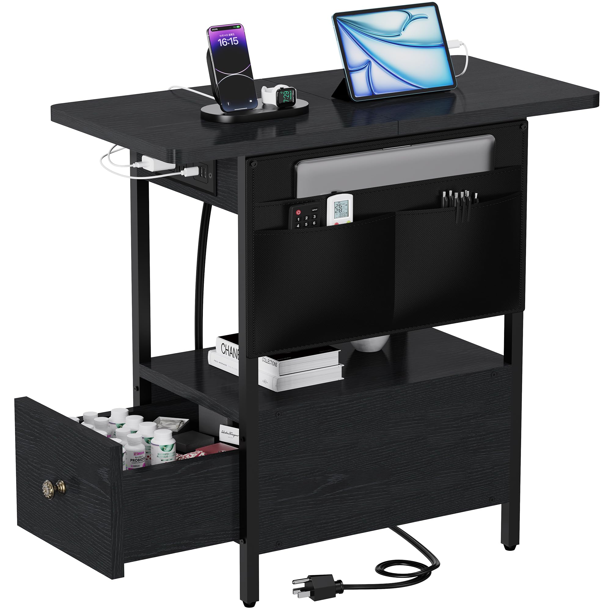 Amazon.com: Yenlure Small Side Table with Charging Station, Narrow ...