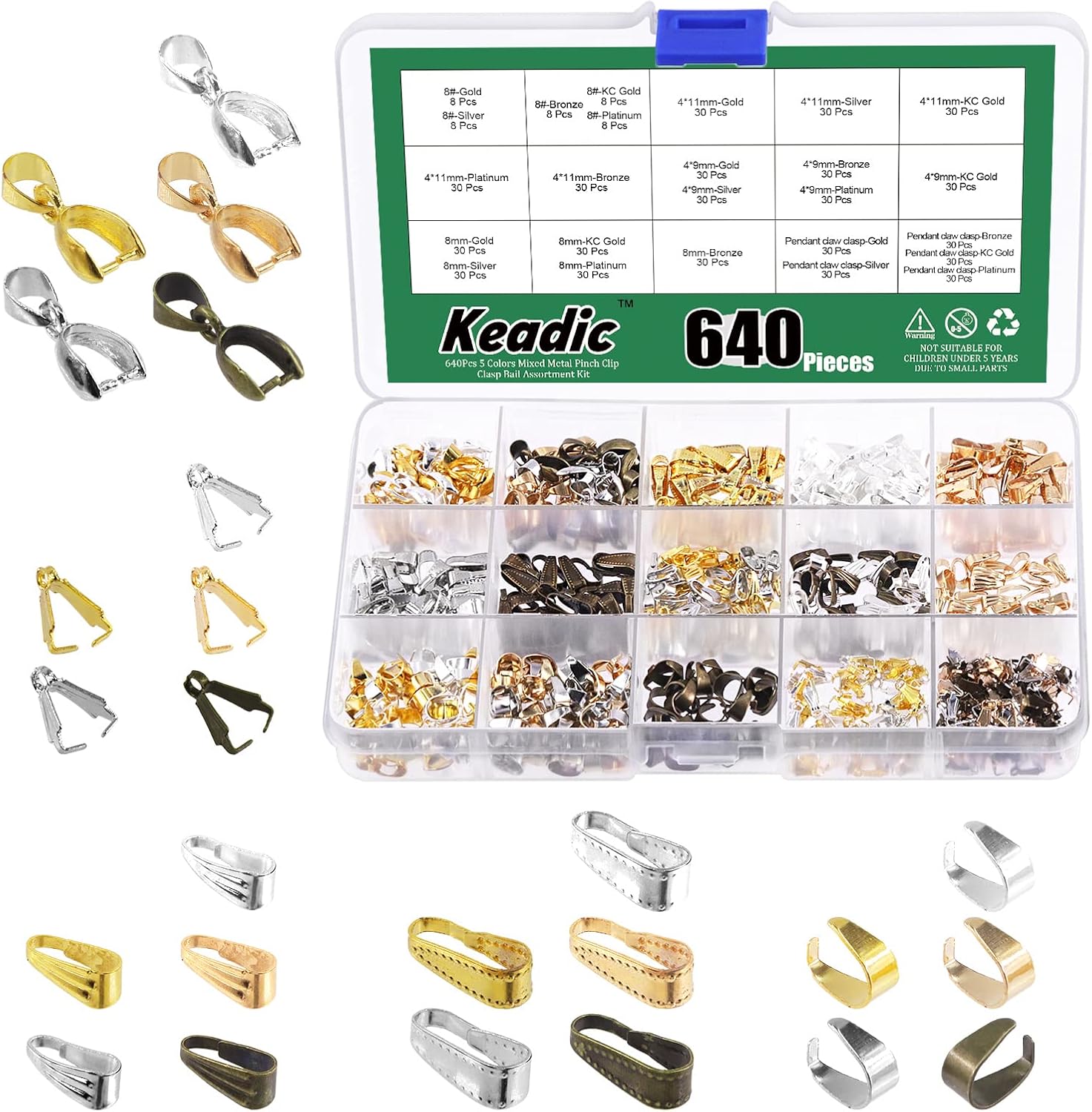 Amazon.com: Keadic 640Pcs 5 Colors Metal Pinch Clip Clasp with Bail ...
