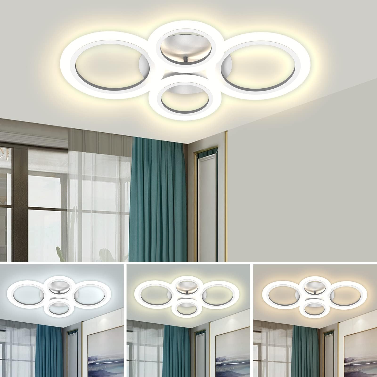 JSXing Lámpara De Techo Led Moderna Con Montaje Empotrado, 4 Anillos ...