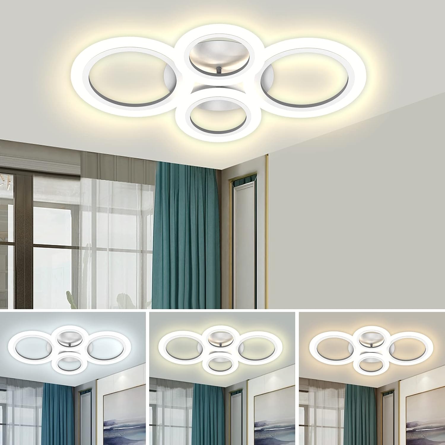 JSXing Lámpara De Techo Led Moderna Con Montaje Empotrado, 4 Anillos ...