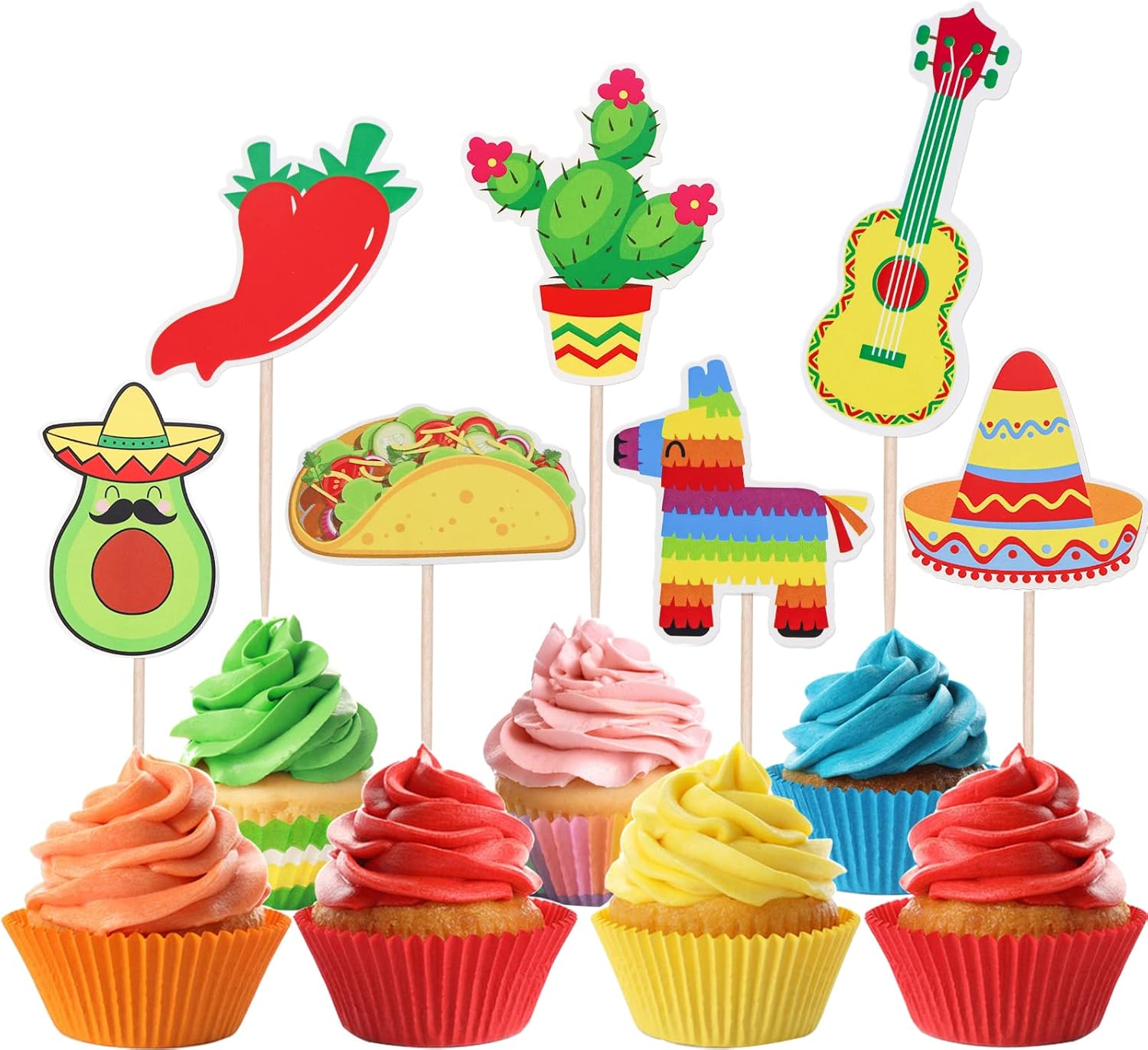 Amazon.com: Rismise Fiesta Cupcake Toppers 35pcs Mexican Theme Cake ...