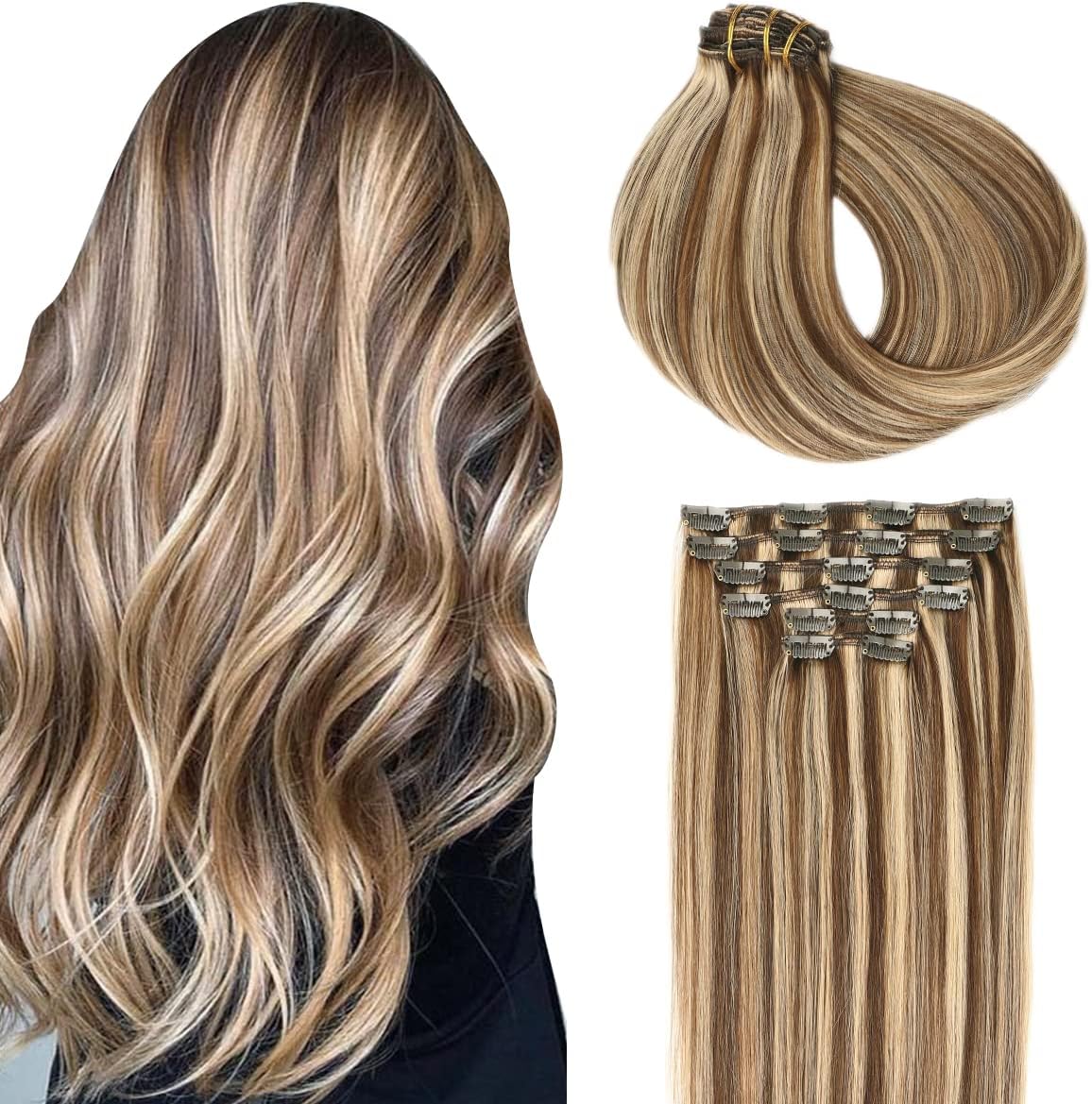 SURNEL Extensions Clip in Human Hair Balayage Mixed Color 4 Chocolate ...