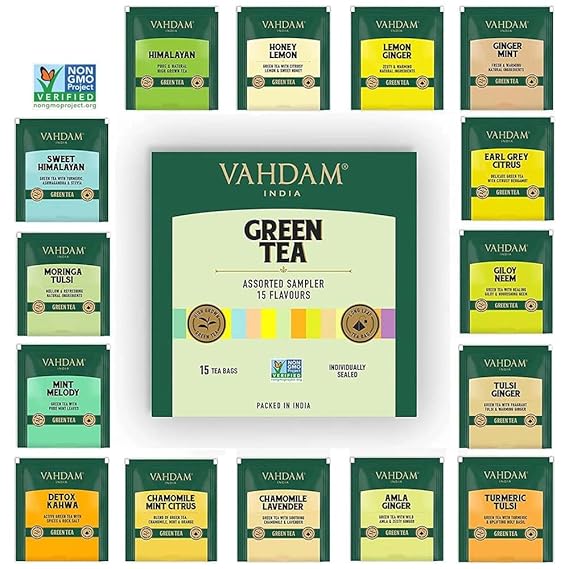 Amazon.com: VAHDAM, Green Tea Bag Sampler | Tea Variety Pack- 15 Teas ...
