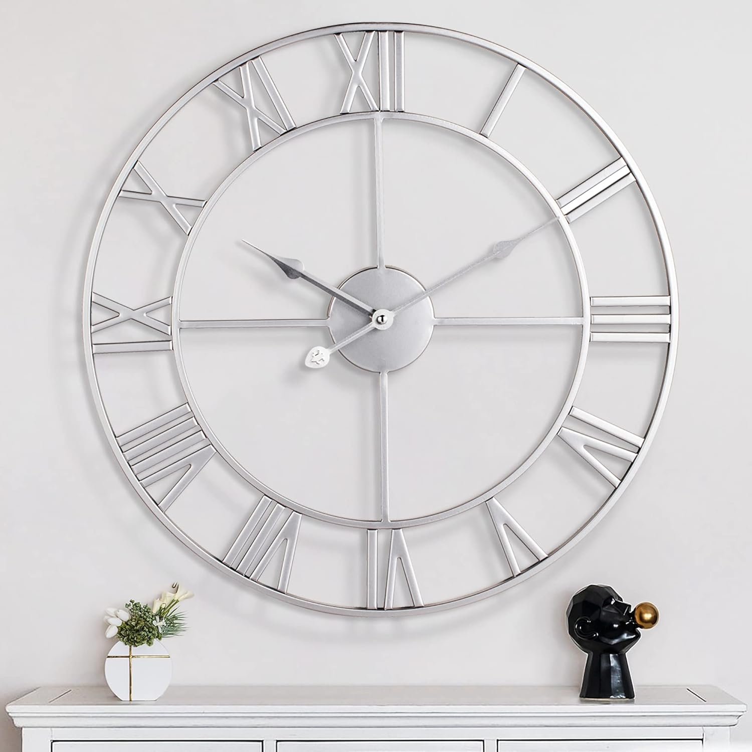 Vintage Silver Metal Large Wall Clock Roman Style Round Nearly Silent ...
