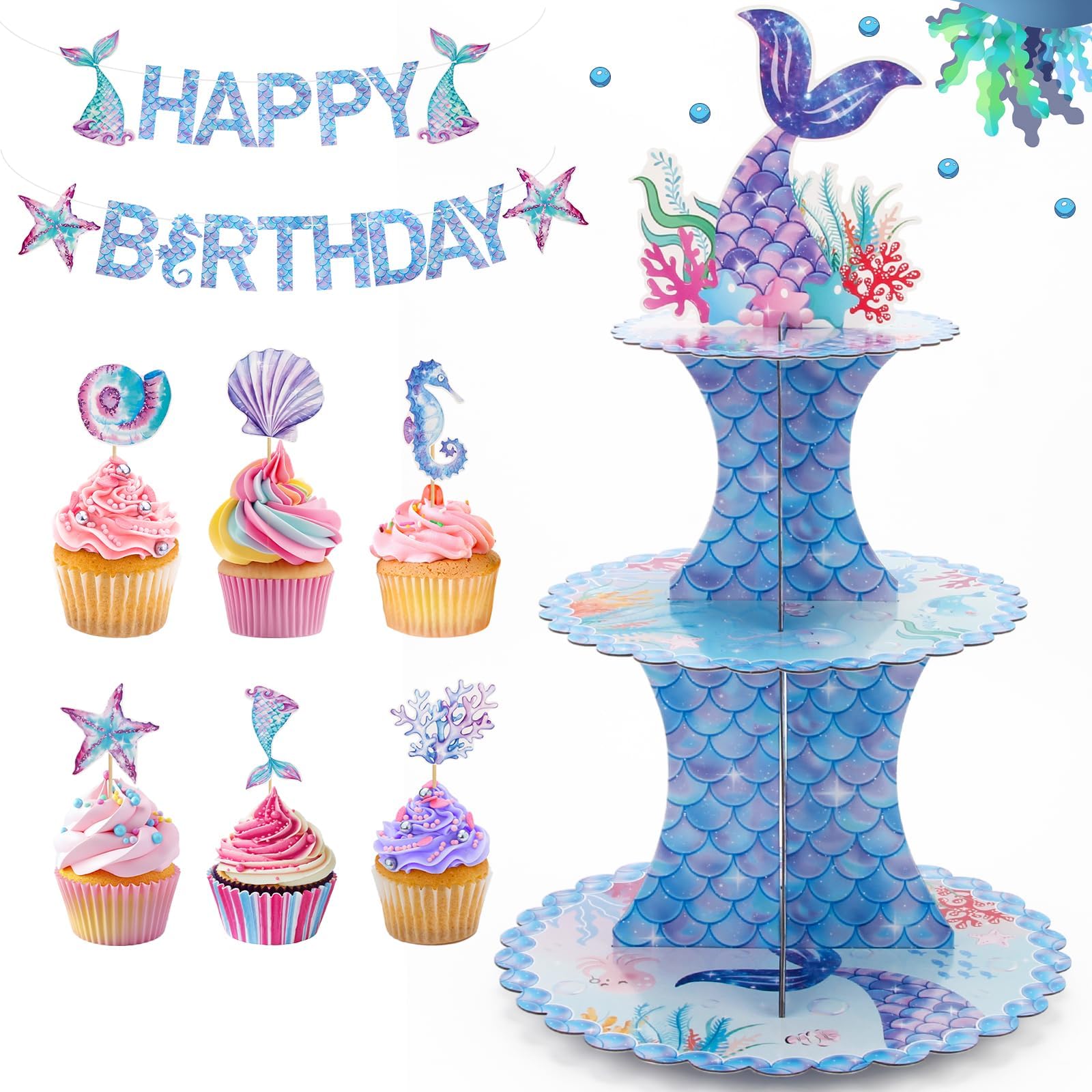 Amazon.com: 3 Tier Mermaid Cupcake Stand Birthday Party Decorations ...