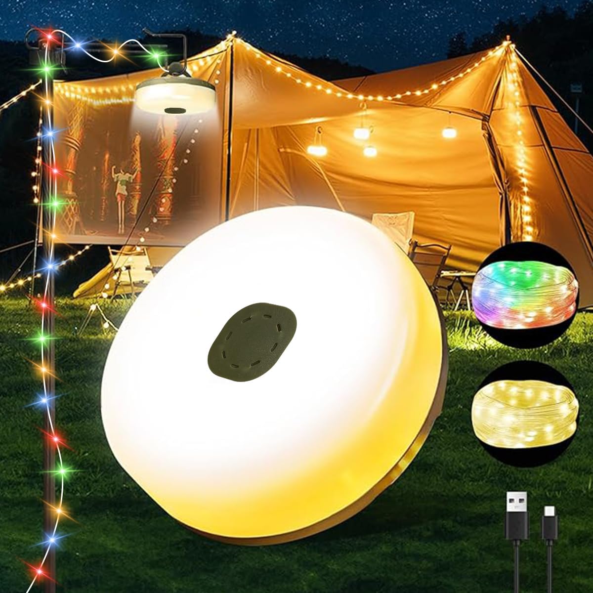 33FT Camping String Lights, Rechargeable String Lights with 8 Modes ...