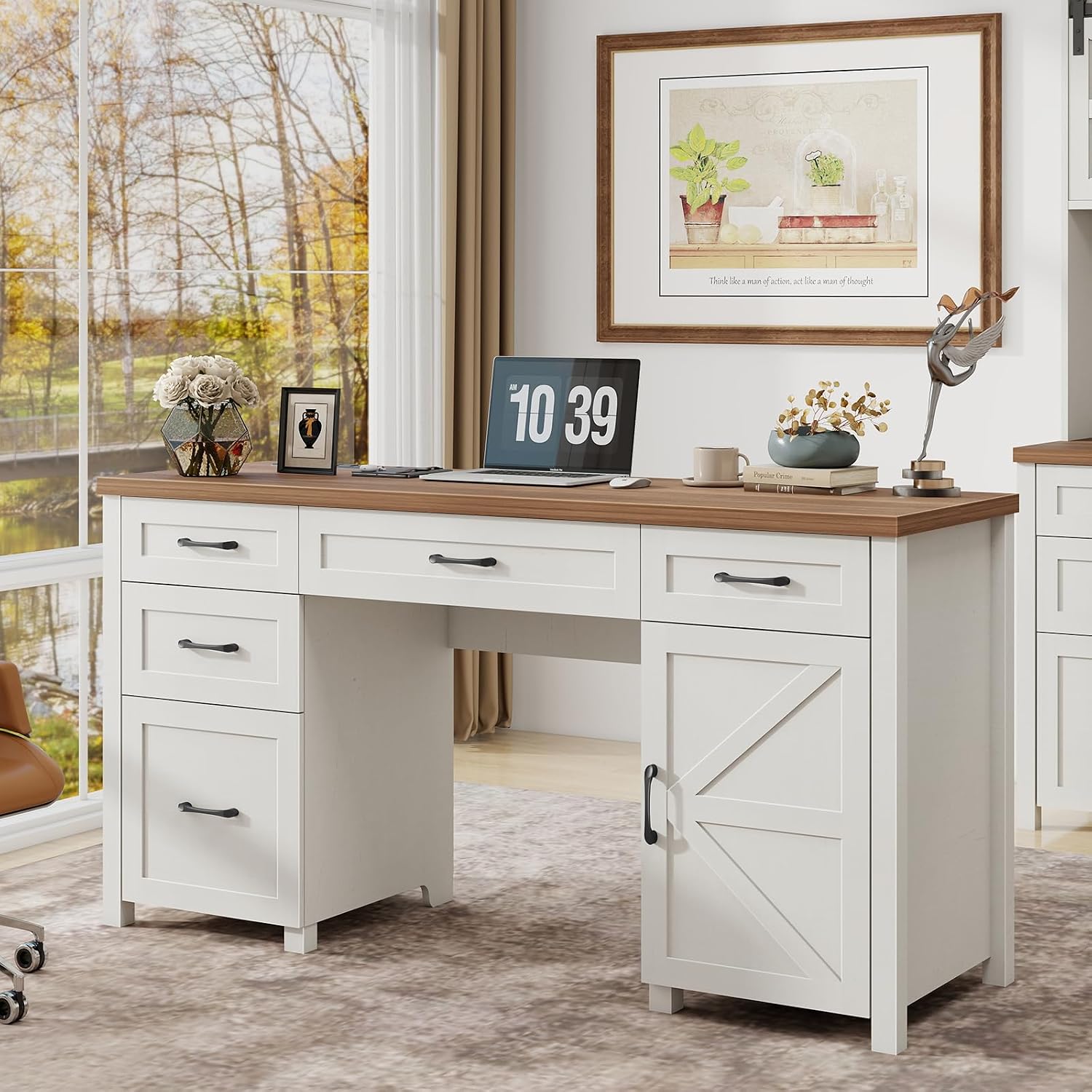 Amazon.com: Farmhouse 61'' Executive Desk with 5 Drawers, Rustic Office ...