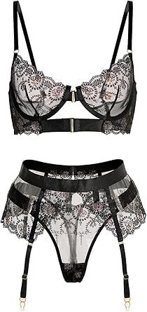 Amazon.com: HELLOLAGIRL Sheer Black Champagne Embroidered Lace Lingerie ...