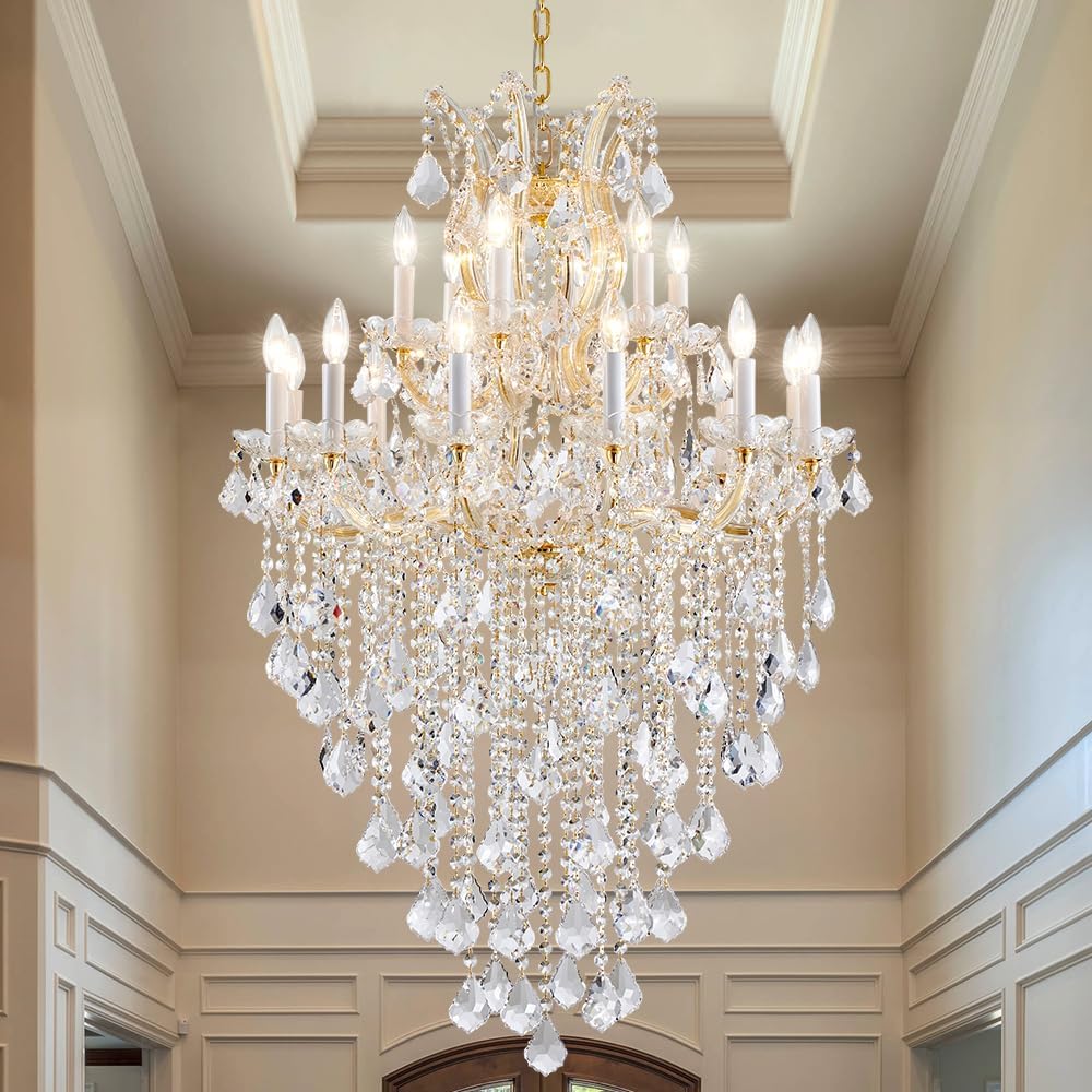 DUNFIZZ Large Modern Gold Crystal Chandeliers 18-Light Foyer Chandelier ...