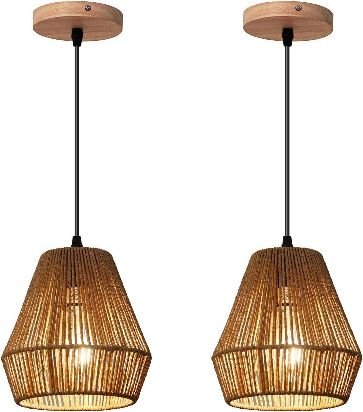 Ratten Weaved Miranda Pendant Light with Hand Woven Jute Fabric, Boho ...