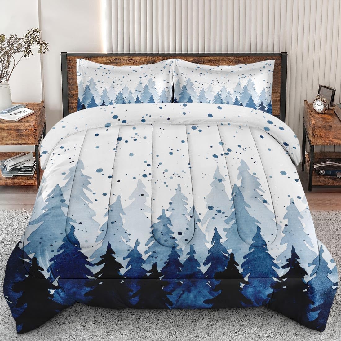 Amazon.com: Pinbeam Comforter Set King Size, Blue Pine Tree Christmas ...