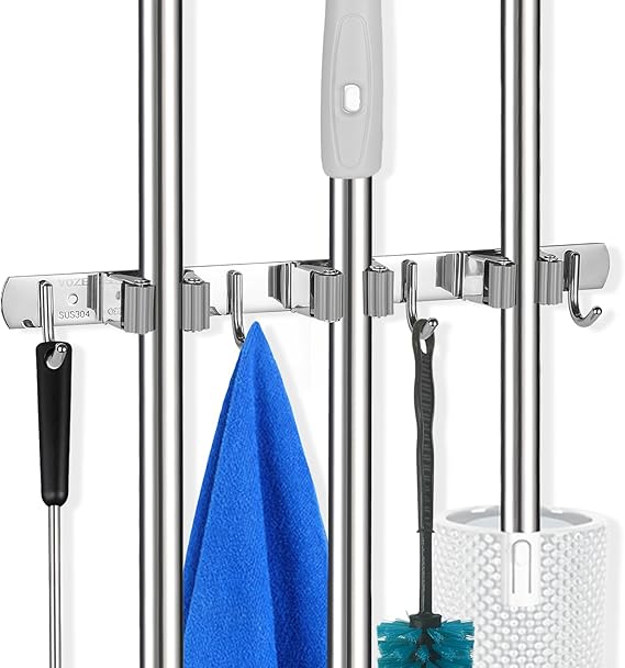 Amazon.com: voze 3 Racks and 4 Hooks Mop and Broom Holder Wall Mount ...