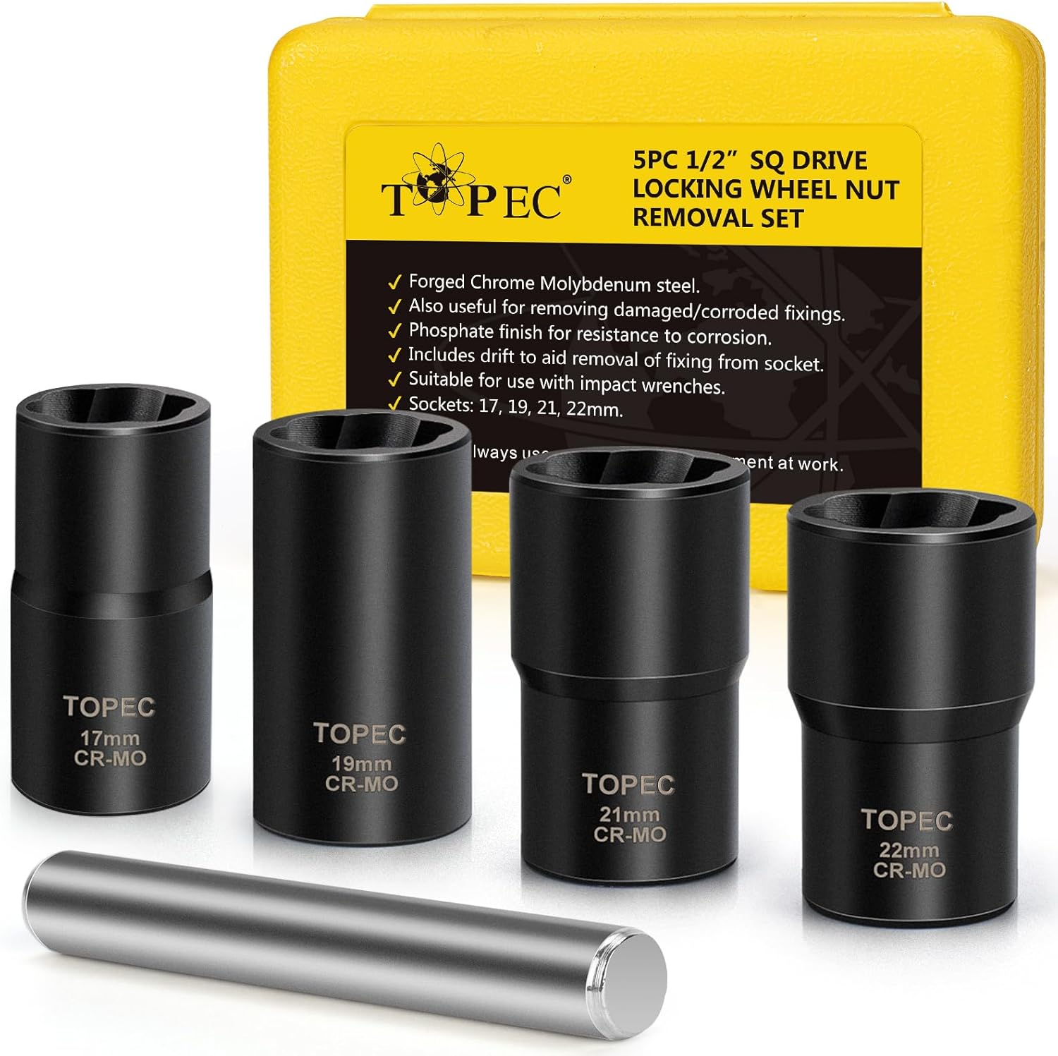 Topec 5PCS Lug Nut Extractor Set, 1/2-Inch Drive Wheel Lock Removal Kit ...