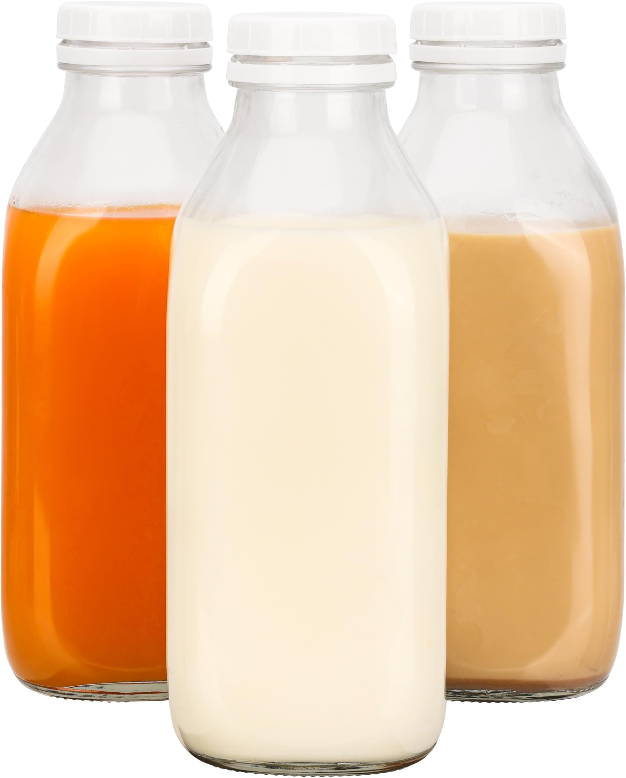 BELLE VOUS Reusable Glass Milk Bottles with Lids (3 Pack) - 1L/34oz ...