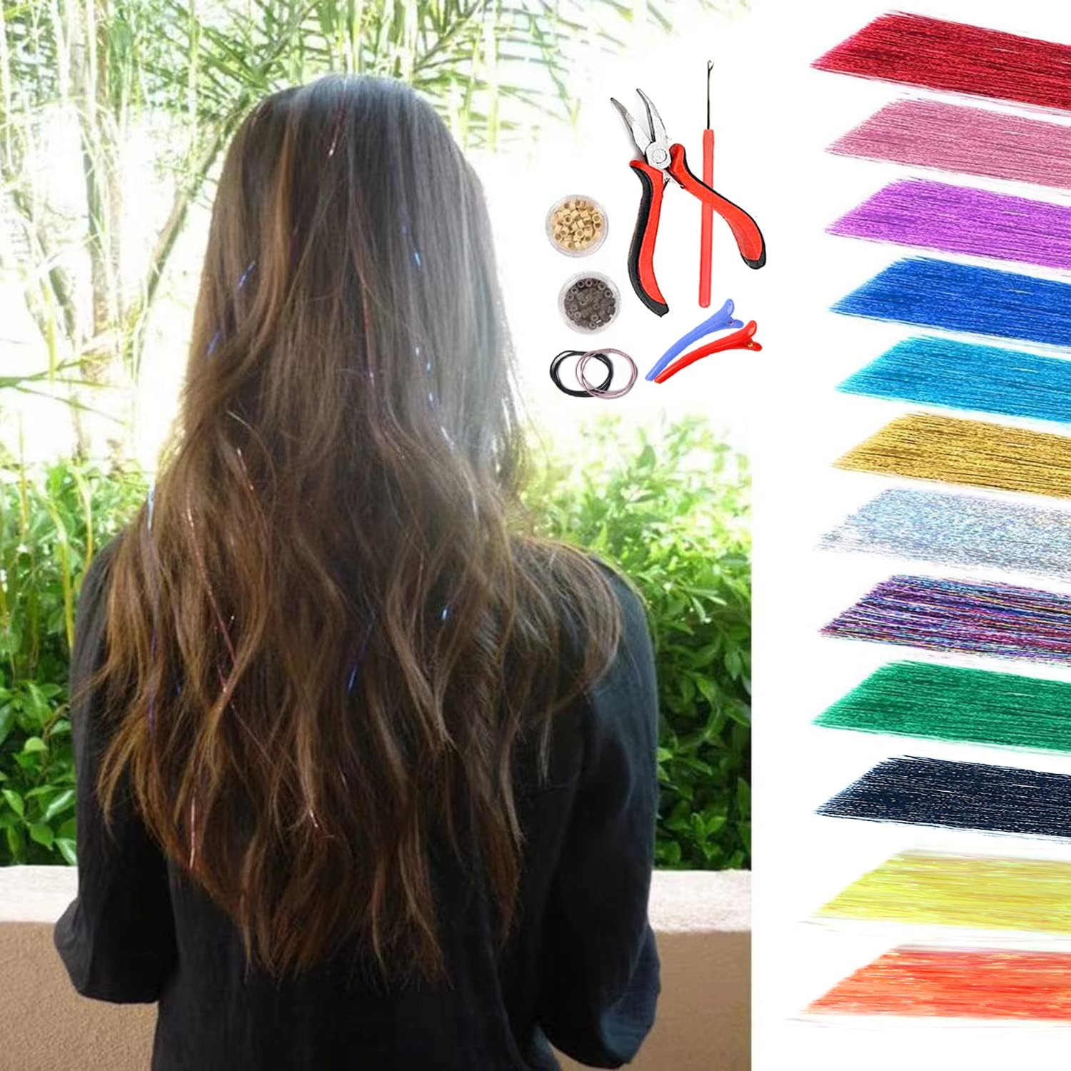 Amazon.com : Hair Tinsel Kit, Tinsel Hair Extensions, 12 Colors Glitter ...