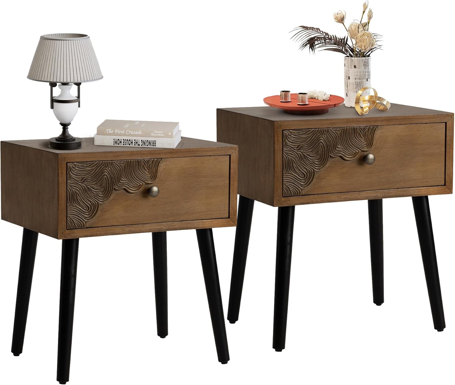 HOMPUS End Table w Pattern, Nightstand w 2 Storage Drawers, Small Night ...