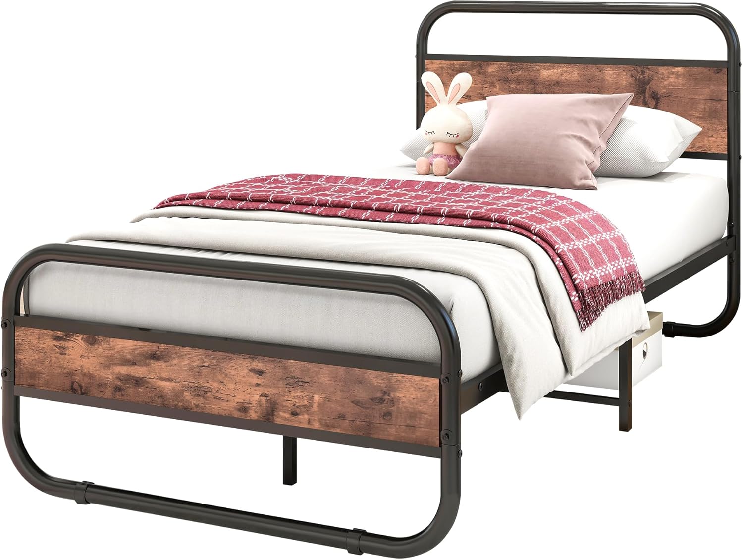 Amazon.com: HAHRIR Metal Bed Frame with Wooden Headboard and Footboard ...