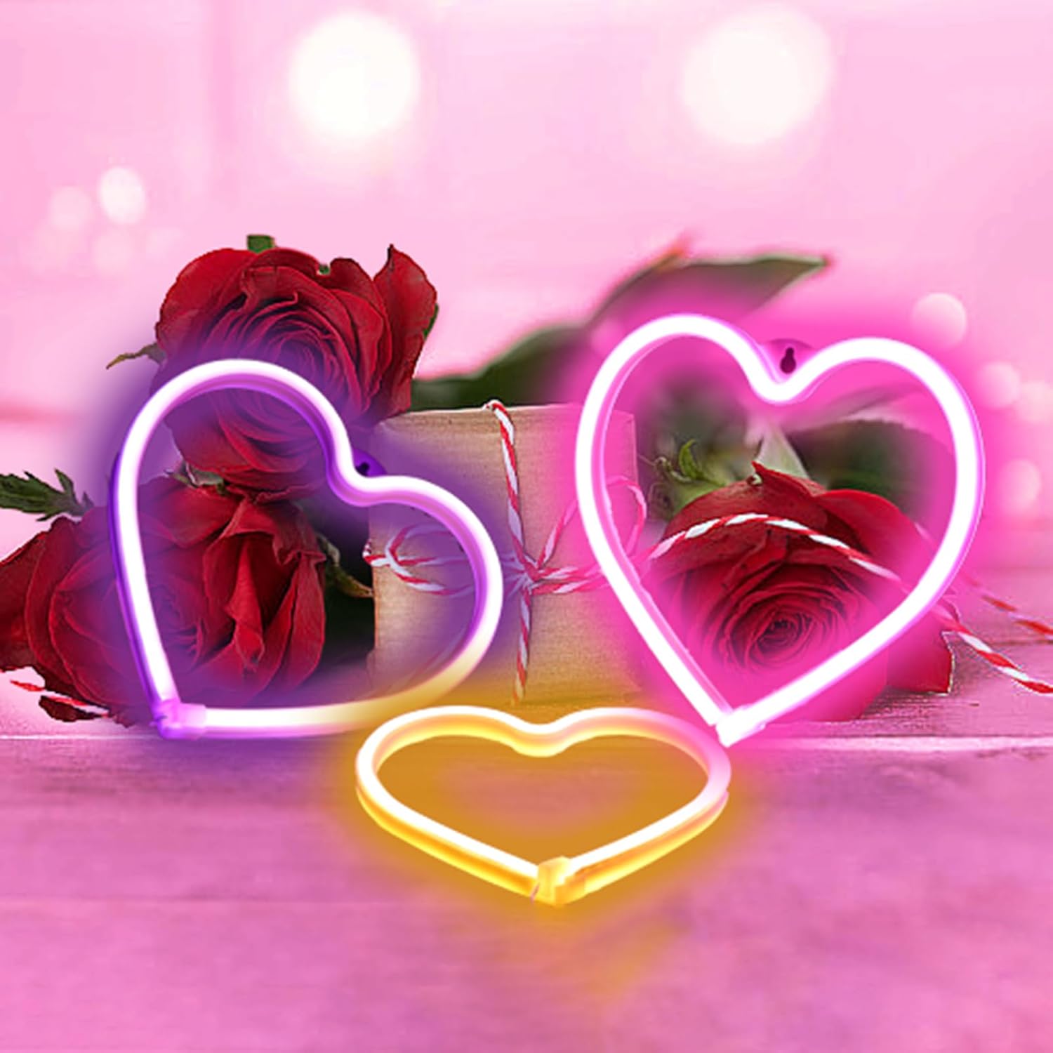 AFBORD 3Pcs Valentine Day Neon Heart Lights Neon Sign,LED Heart Lamp ...