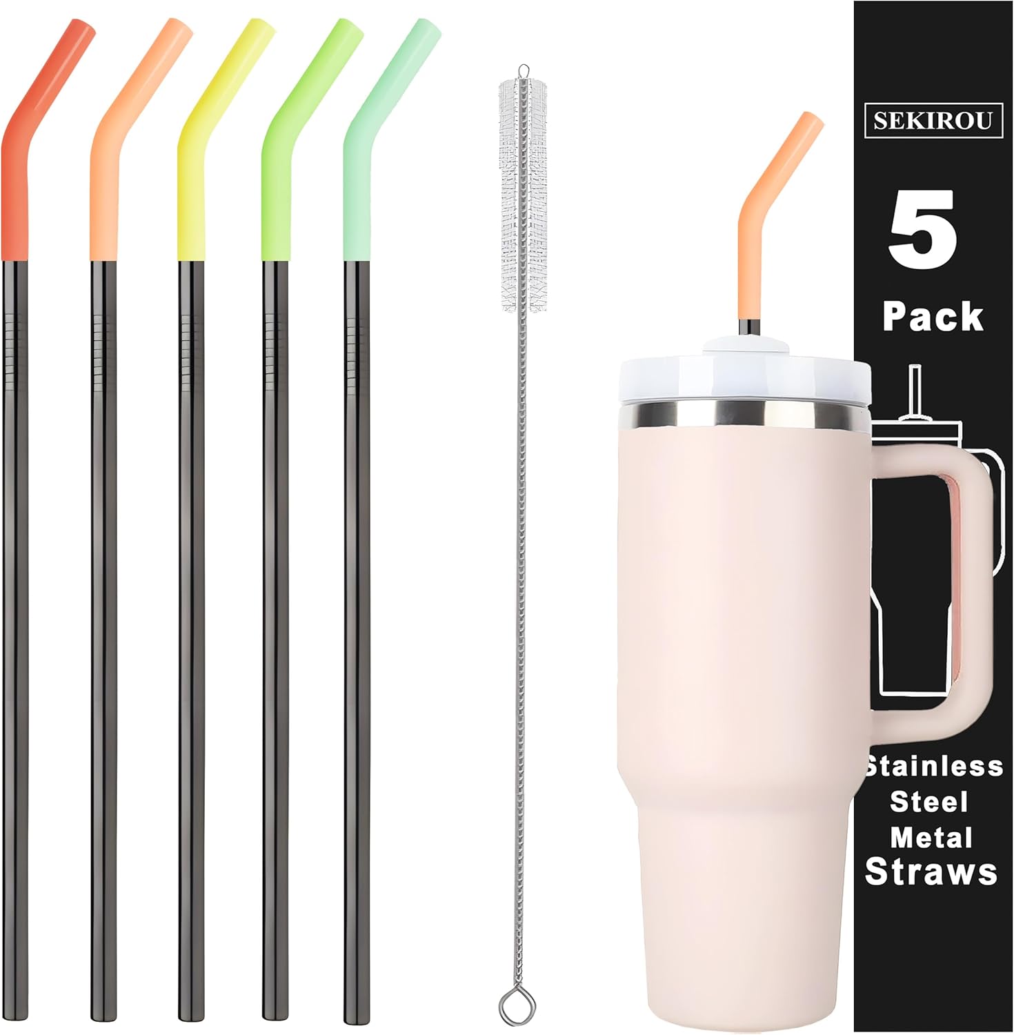 5PCS Stainless Steel Reusable Straws with Silicone Tips and Cleaning ...