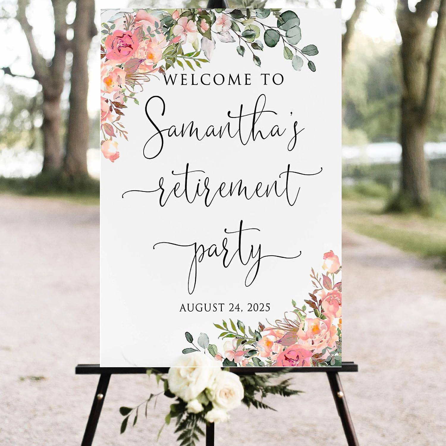 Amazon.com: Pink Retirement Party Welcome Sign, Greenery Retirement ...