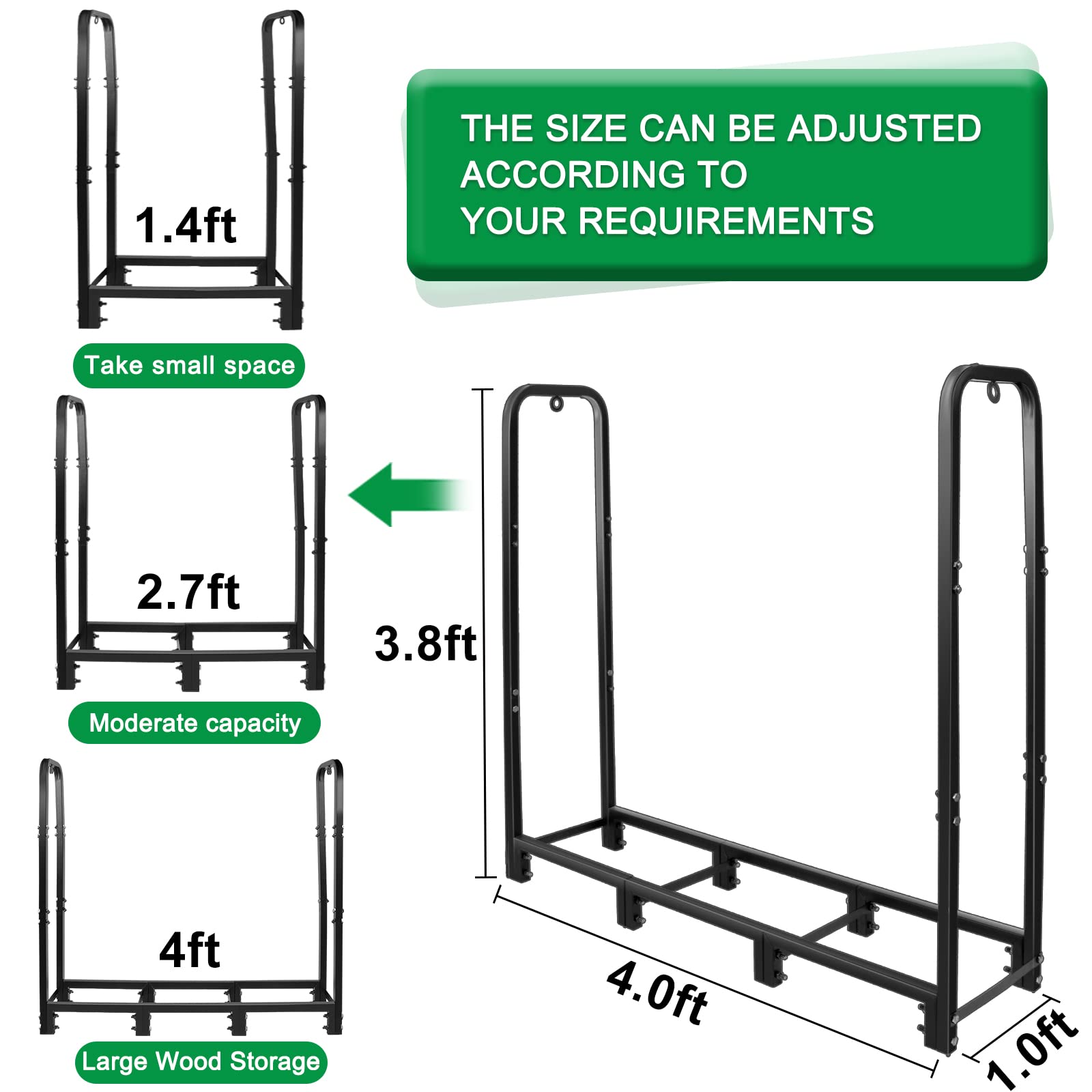 CONNOO 4ft Firewood Rack Stand Heavy Duty Firewood Log Rack Holder ...