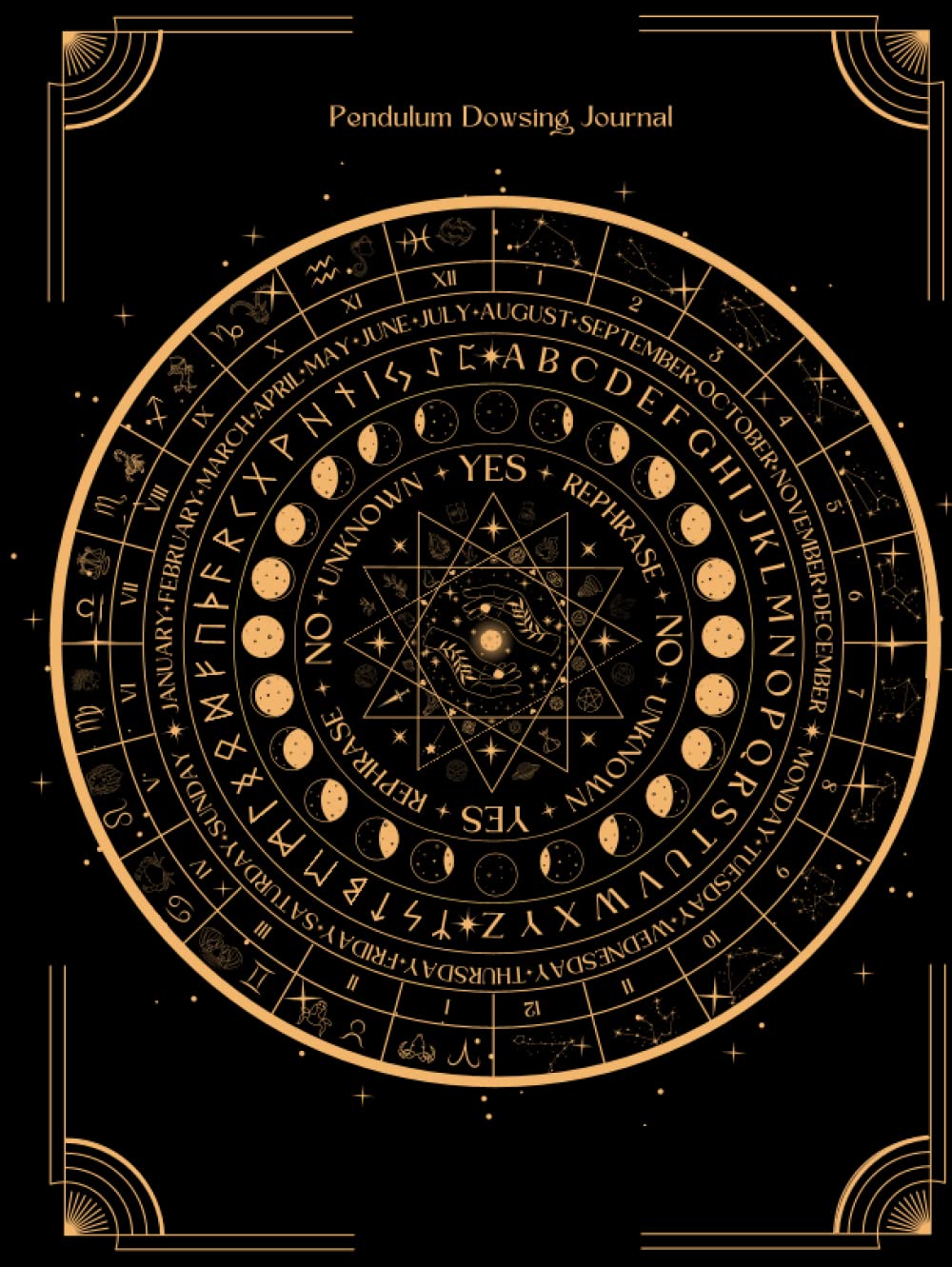 Pendulum Dowsing Journal: Intricate Black & Gold, Moon Phases, Zodiac ...