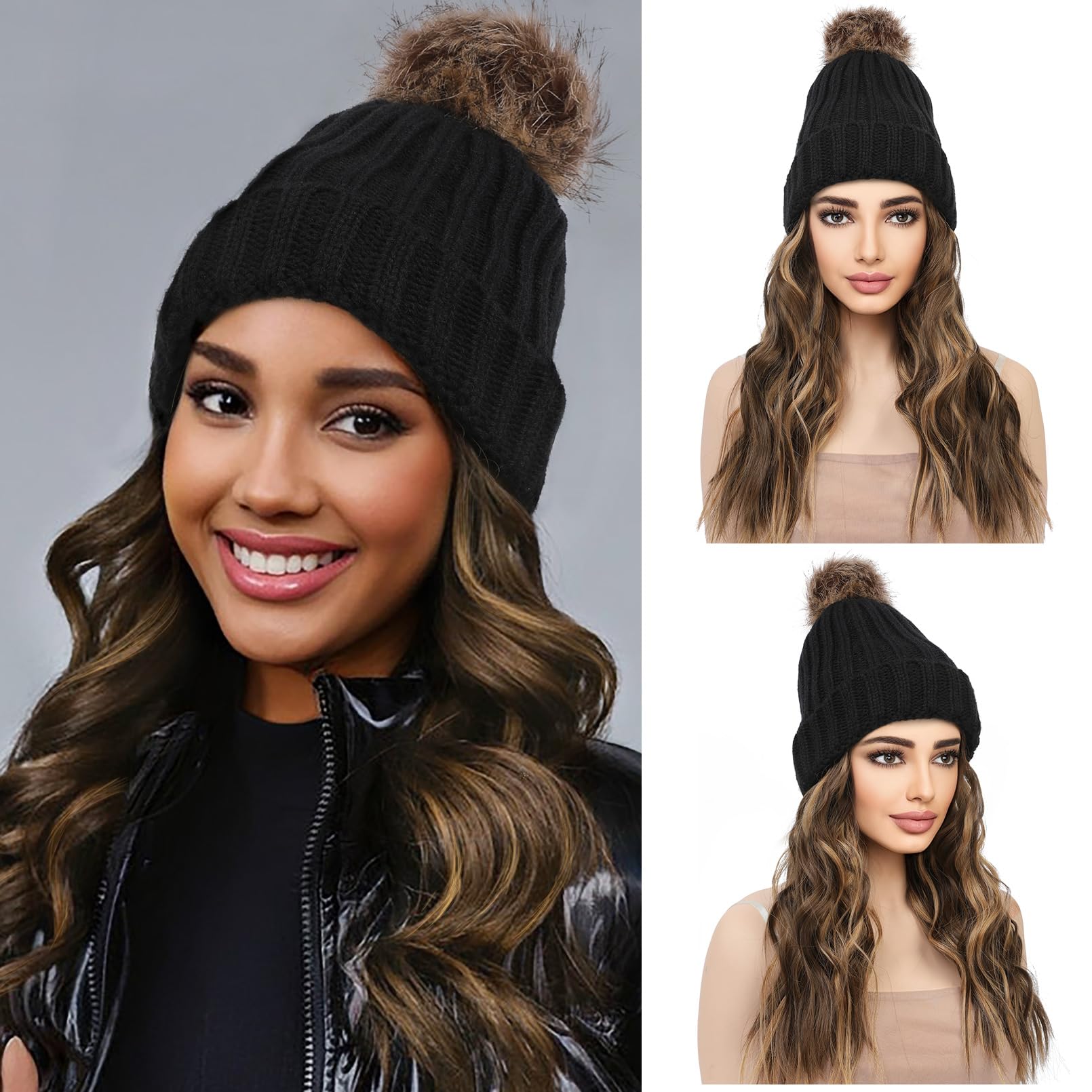 Amazon.com : REECHO Beanie Wig Hair Extensions, Warm Knitted Beanie Hat ...