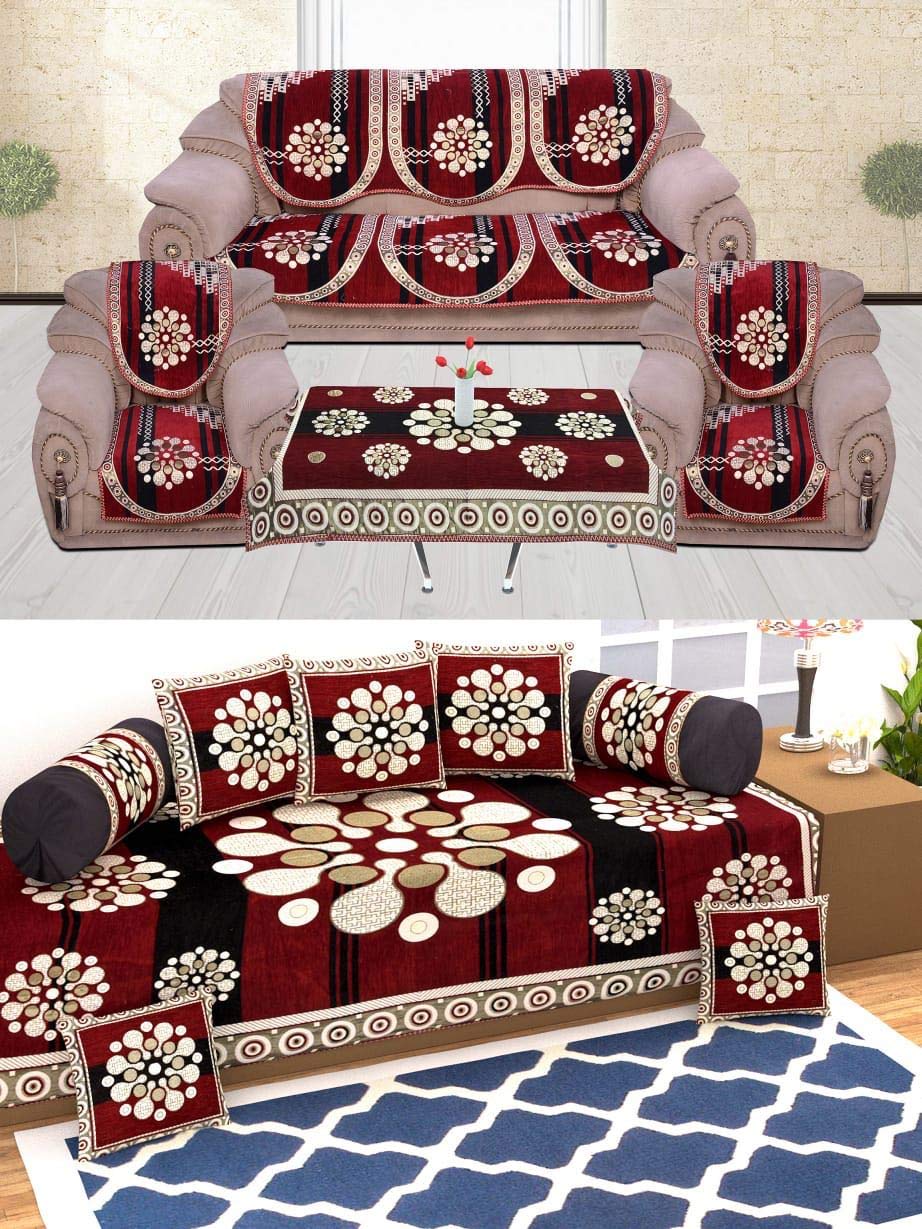 KK Home Store Decor Chenille Velvet Diwan Combo Set with 5 Seater 3+1+1 ...
