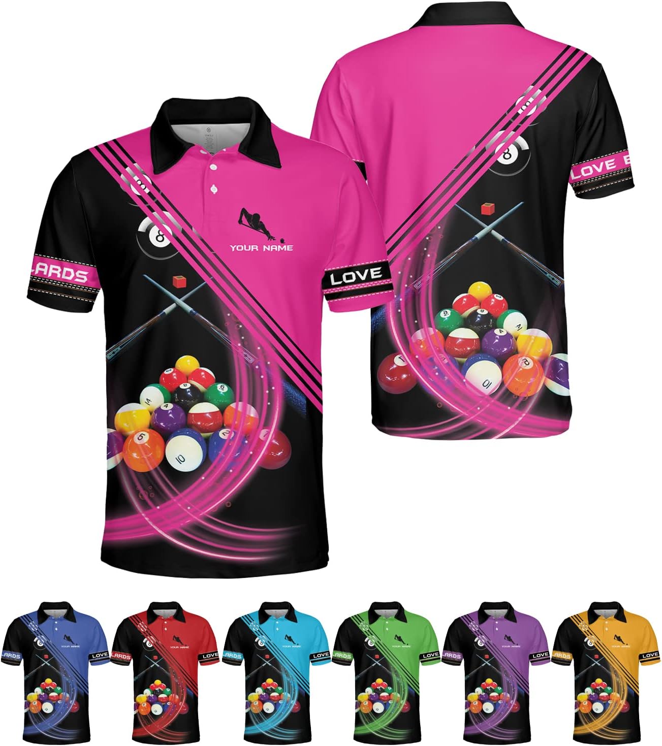Amazon.com: Riveprints Personalized 8 Ball Polo Shirt, Billiard Shirt ...