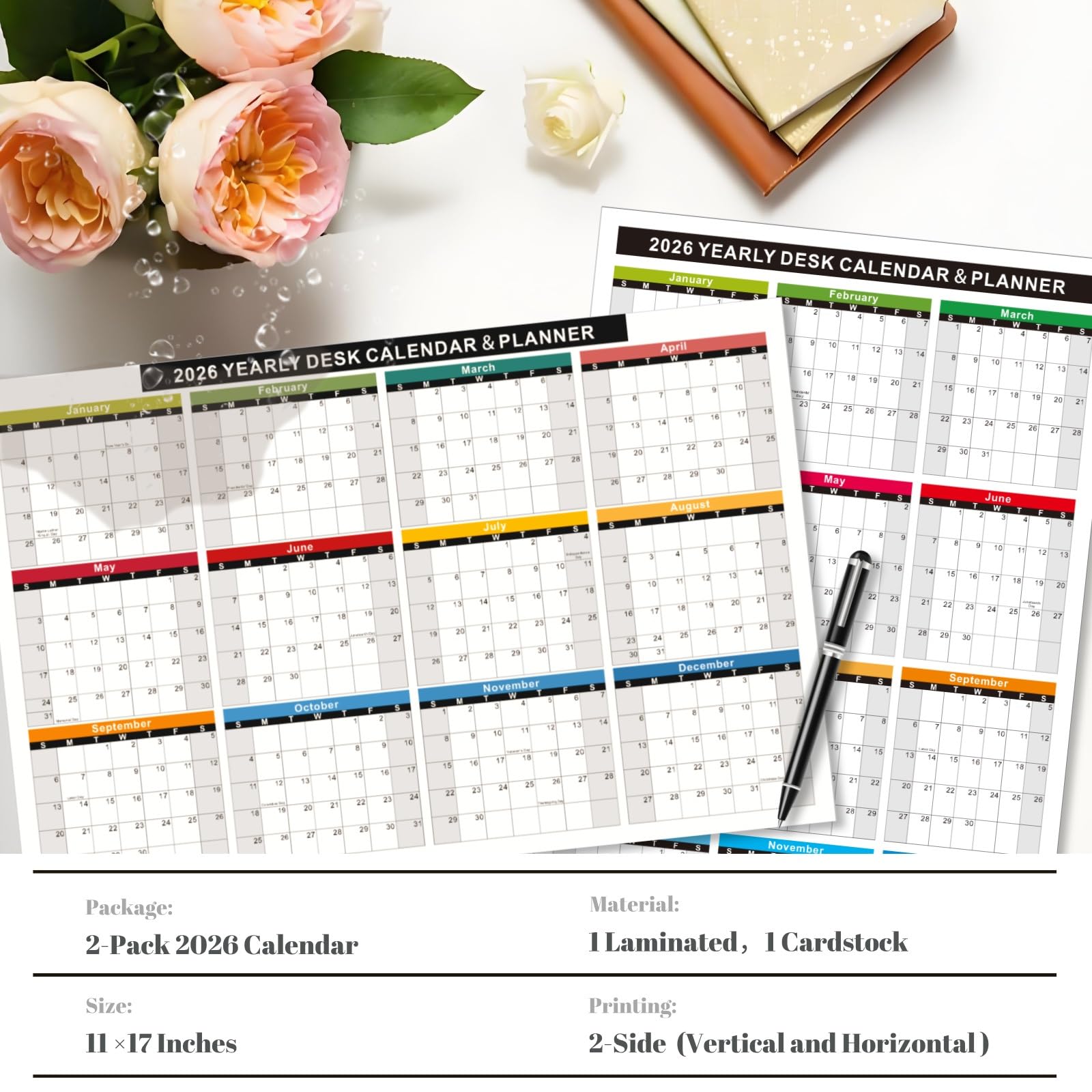 Snapklik.com : 2026 Wall Desk Calendar 11x17 Inch, Reversible 2-Sided ...