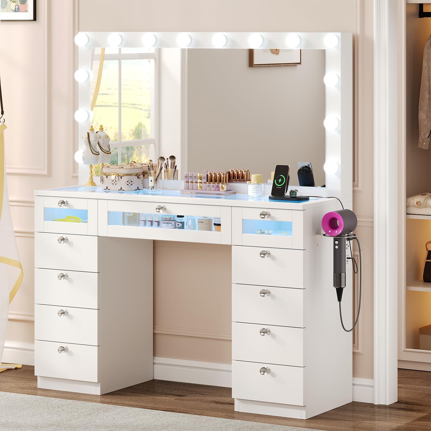 Amazon.com: knoworld 11 Drawers Vanity Desk with Glass Top and RGB ...
