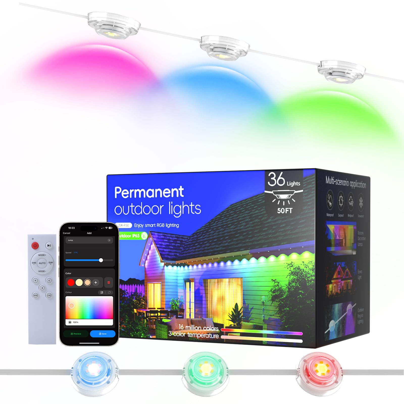 Permanent Outdoor Lights Pro, 50ft with 36 RGBCW 7-in-1 LED Lights, 120 ...