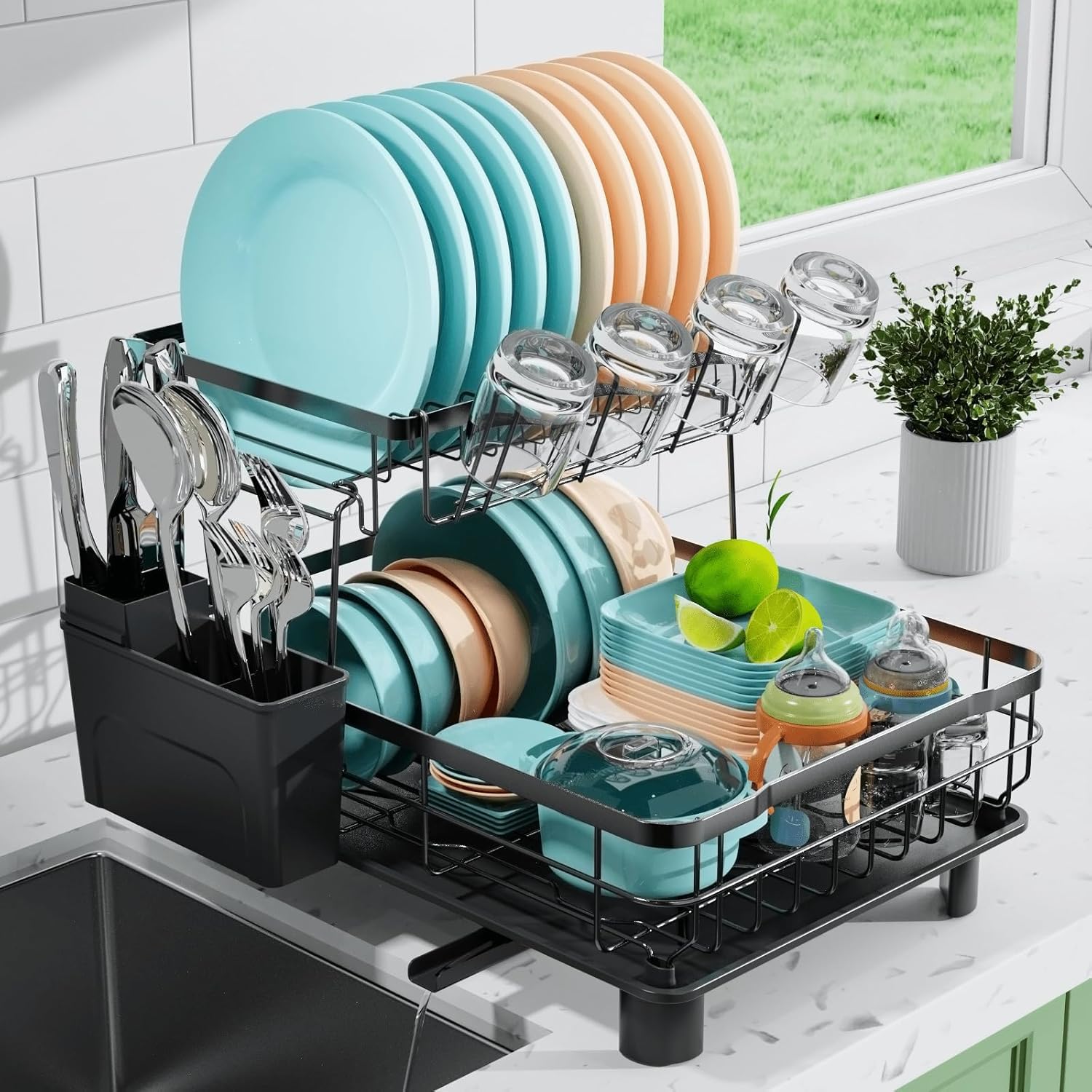 Dish Drainers for Kitchen Counter, 2 Tier Dish Racks with Drainboard ...