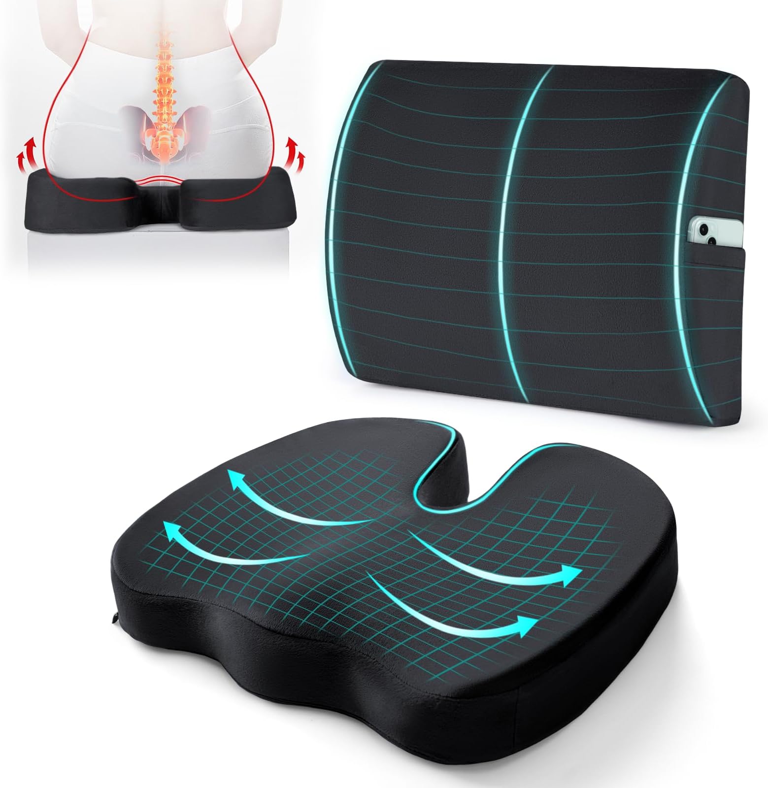 Cojines y Soporte Lumbar para Silla, Cojin para Coxis y Ciatica Lumbar ...