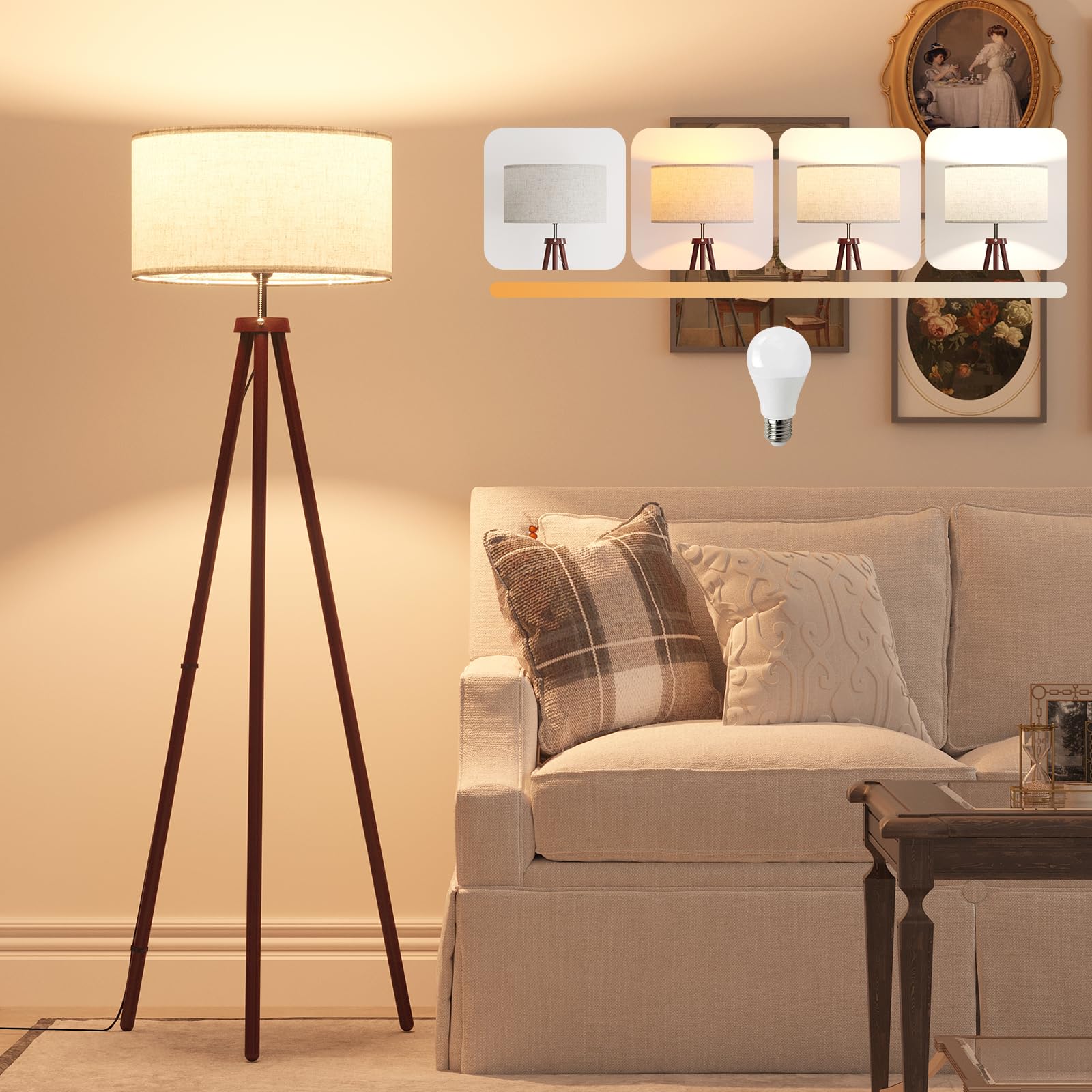 LiteHistory Wood Tripod Floor Lamps for Bedroom, Living Room, and Office,Corner lamp with Beige ...