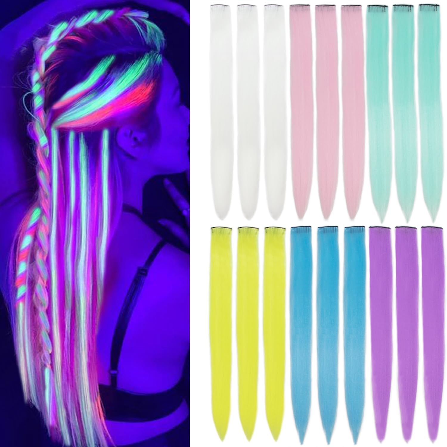 Amazon.com : 18pcs Colored Hair Extensions Clip Ins Glow in the Dark ...