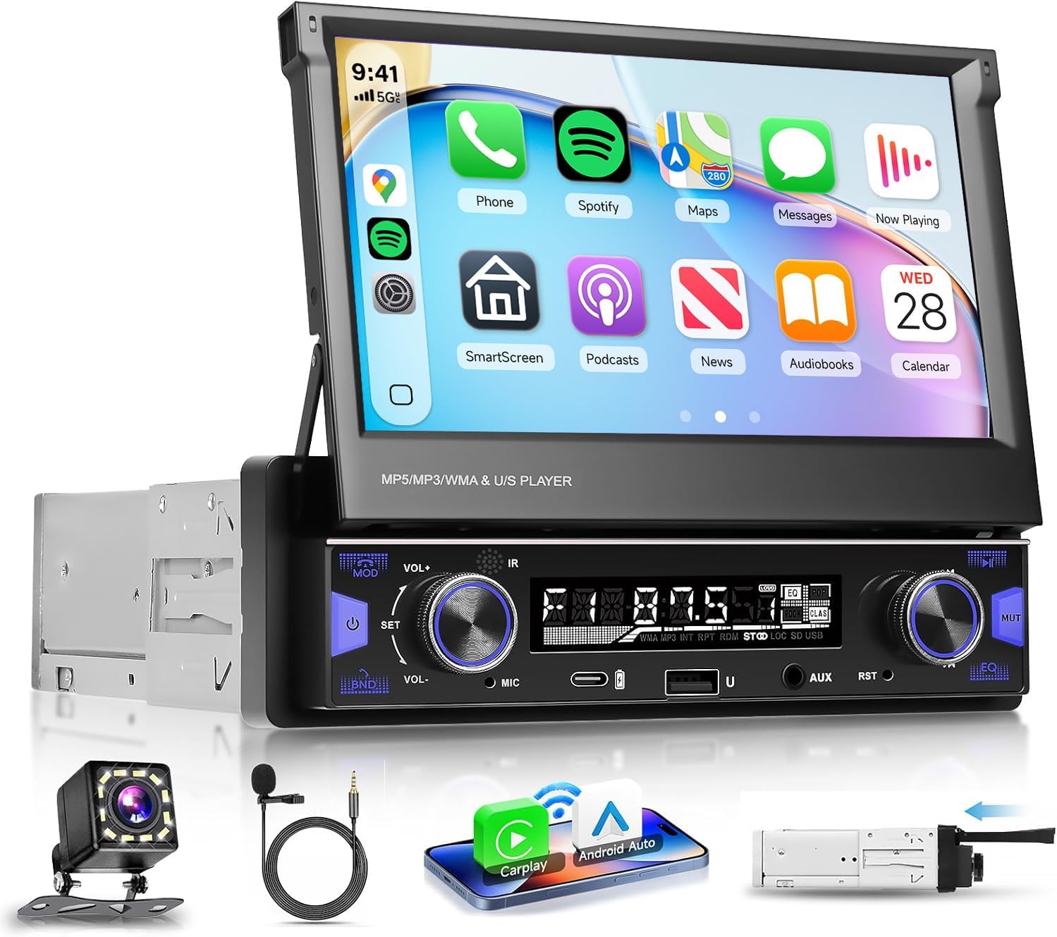 Amazon.com: 7 Inch Single DIN Flip Out Car Stereo with Wireless CarPlay ...