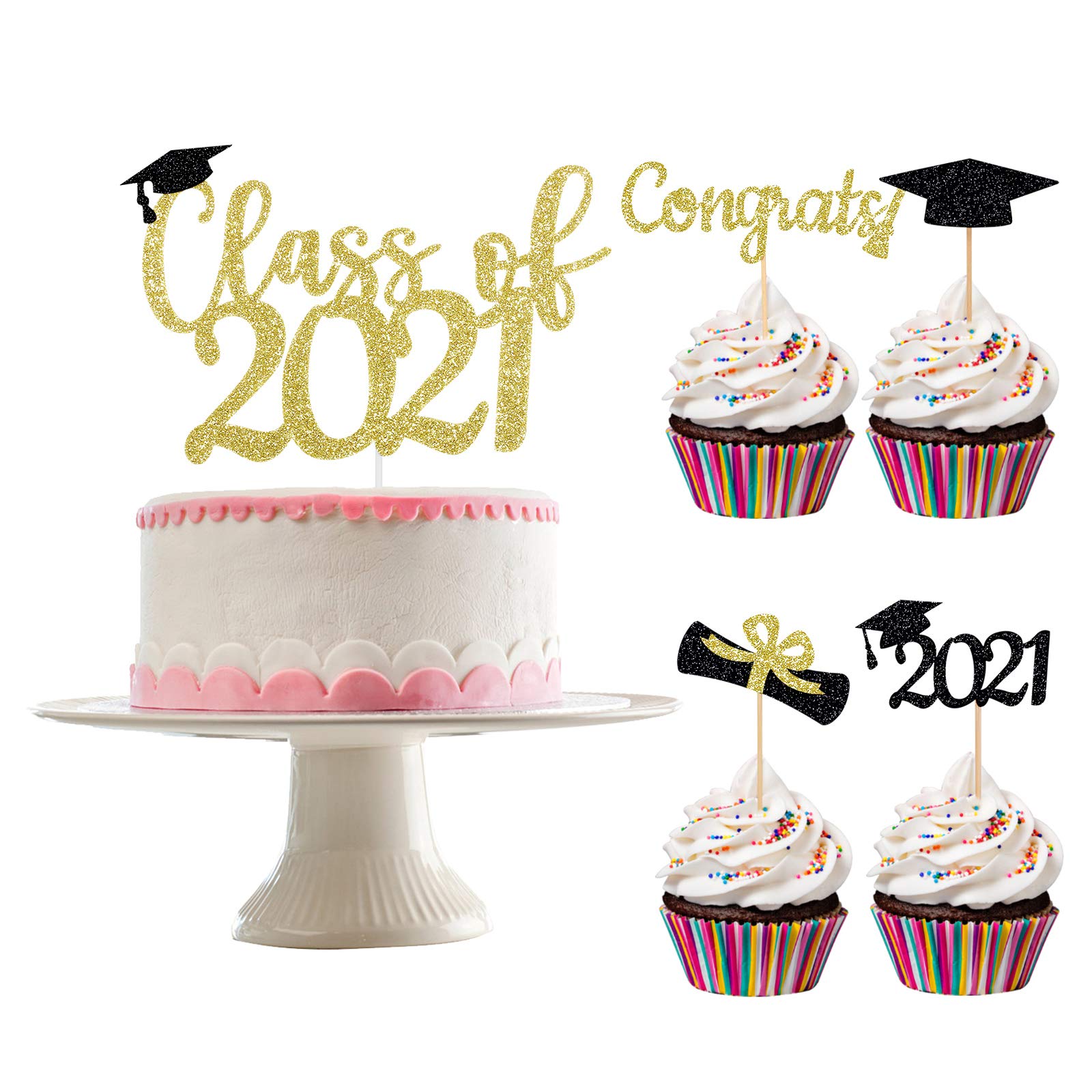 Buy Class of 2022 Cake Topper Gold Glitter and 24Pcs Graduation Cupcake ...