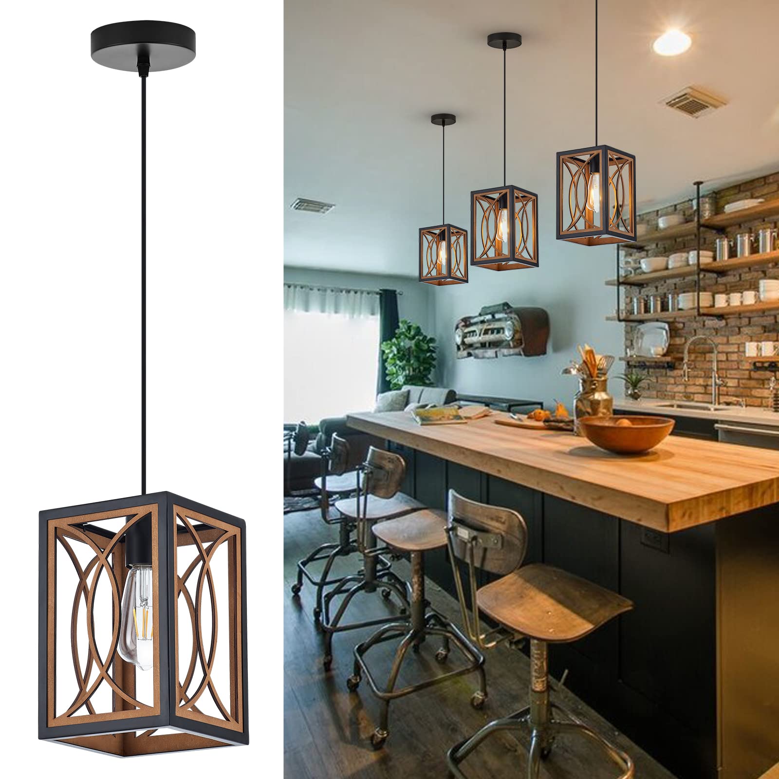 ZMKMOK Wood Pendant Light Fixtures,1-Light Over Table Farmhouse Metal ...