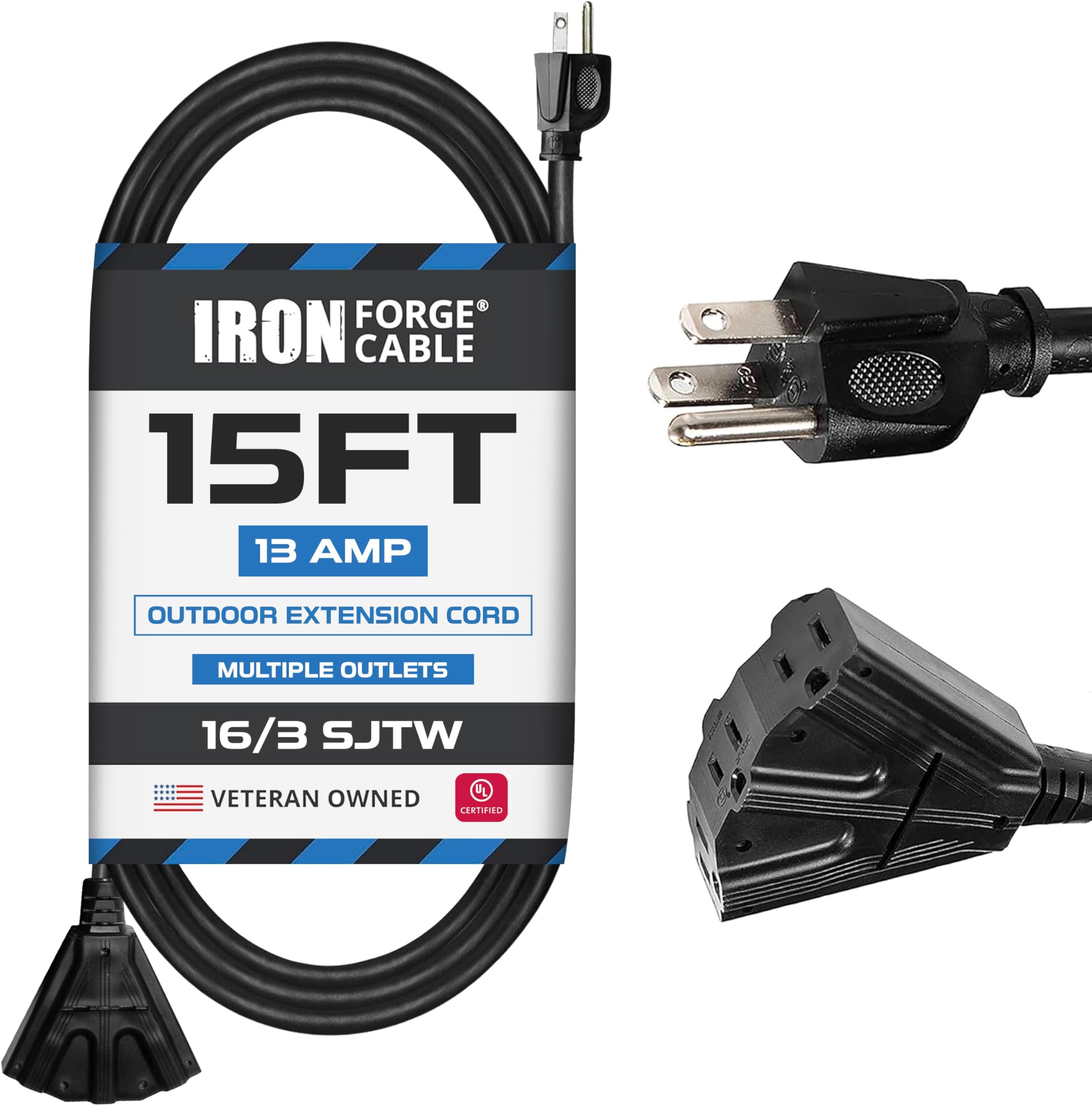 Iron Forge Cable 15 Ft Black Extension Cord with 3 Outlets - 16/3 SJTW ...