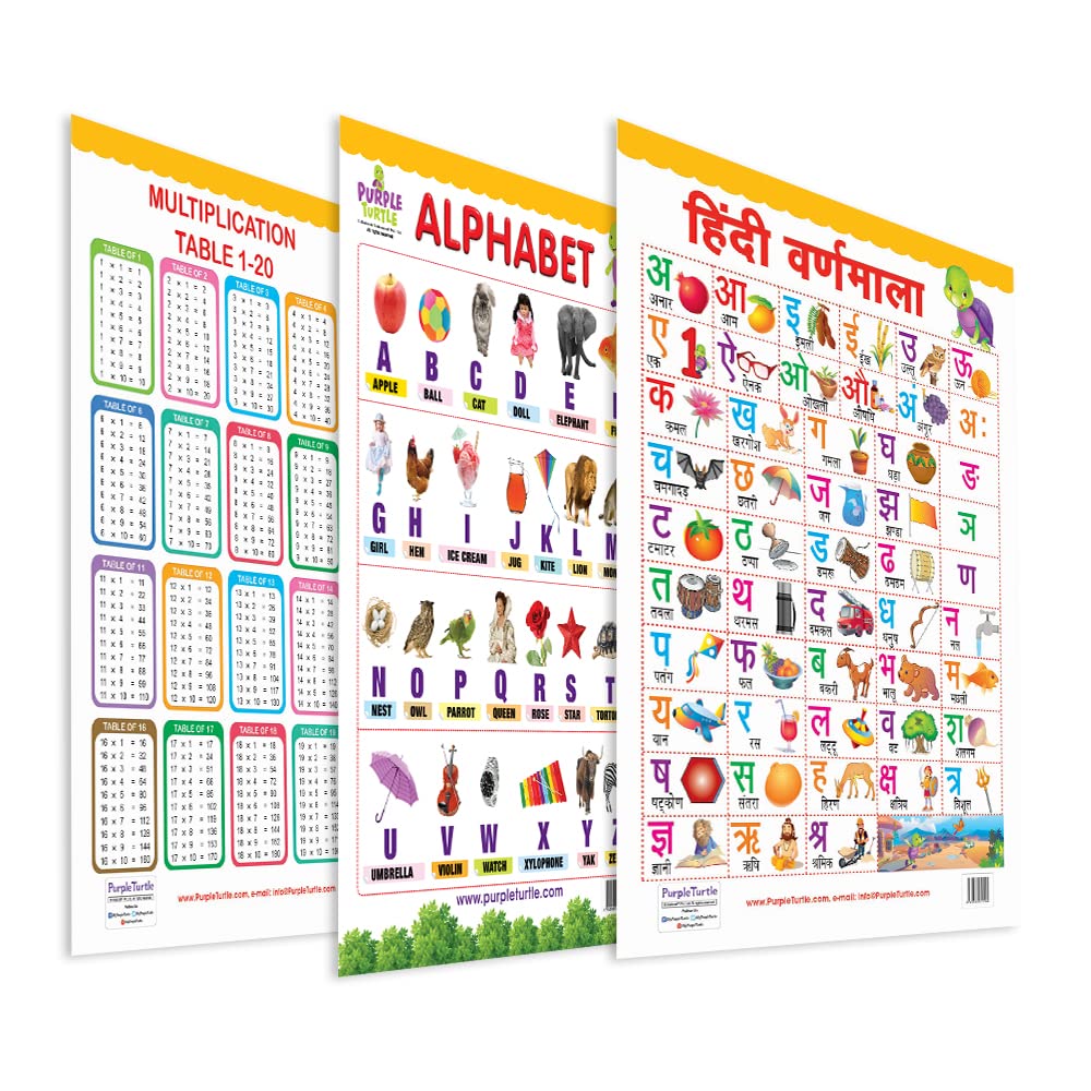Buy Alphabet, Hindi Varnmala and Multiplication Table Educational Wall ...