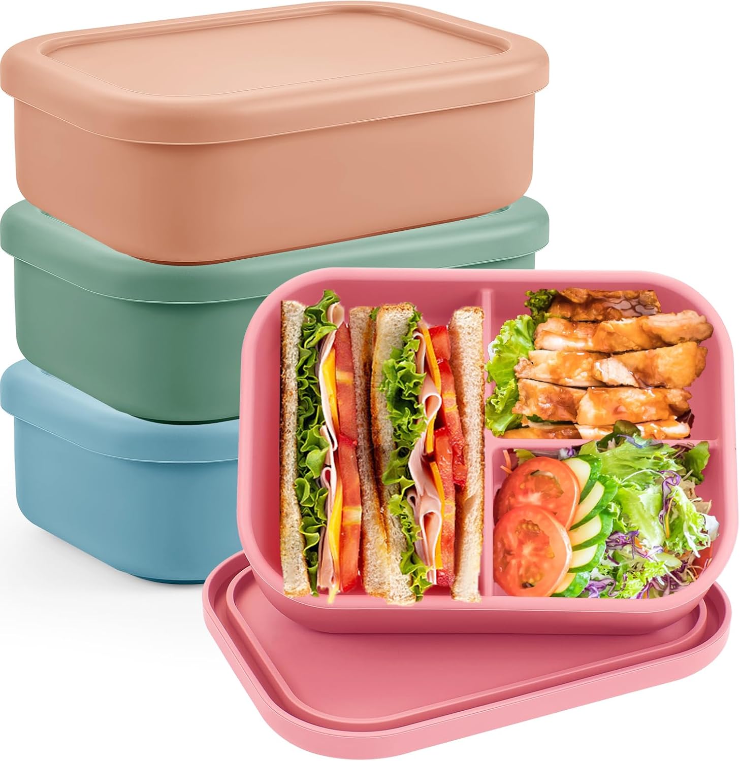 Amazon.com: Layhit 4 Pcs Silicone Bento Box Reusable 3 Compartment ...