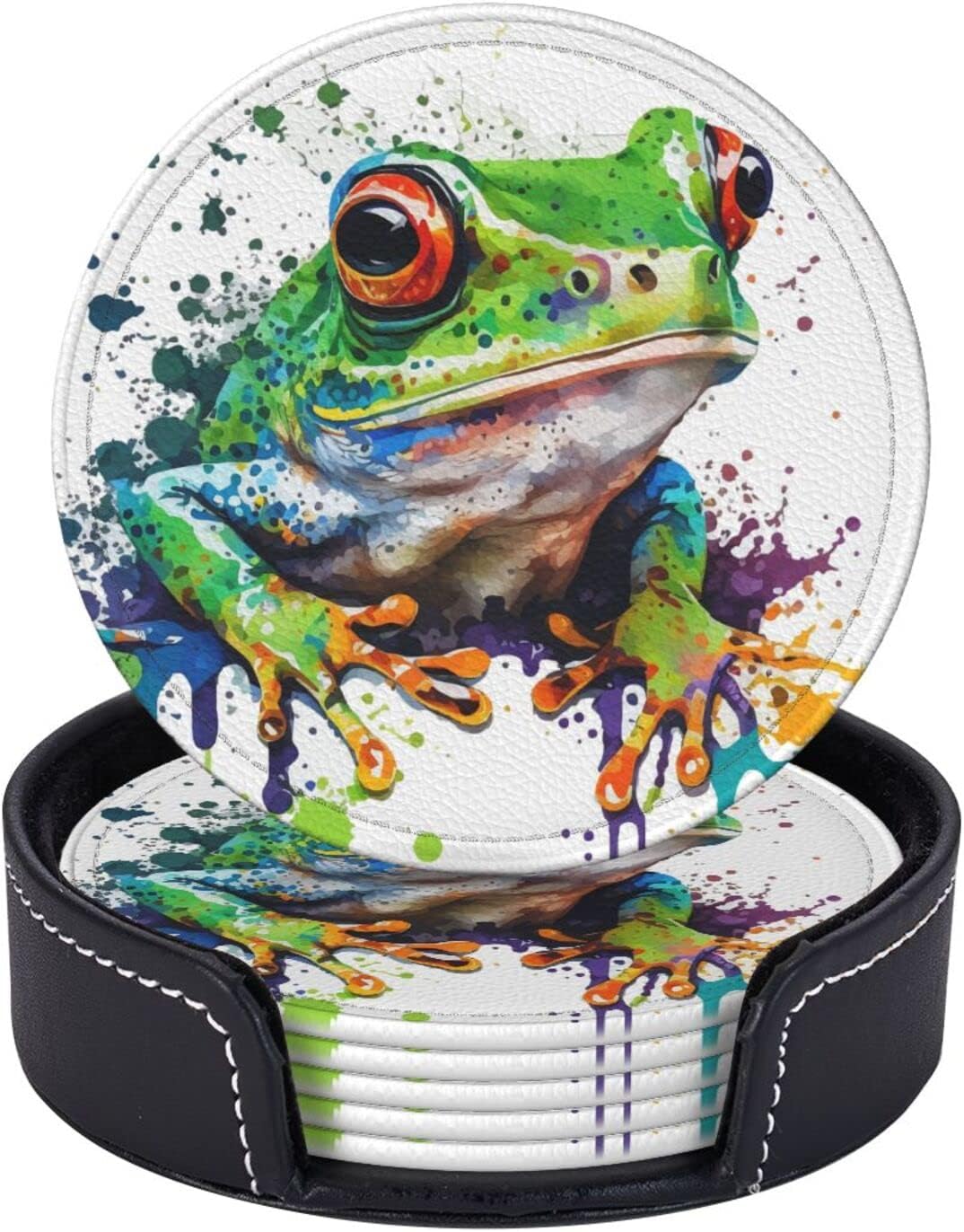 Amazon.com: Famame 6 Pcs Frog Splash Watercolor Leather Coasters for ...