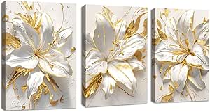 Amazon.de: 3Pcs Weißes Lilien Blumen Leinwandbilder Bilder Set mit Rahmen, Moderne 3d Gold ...